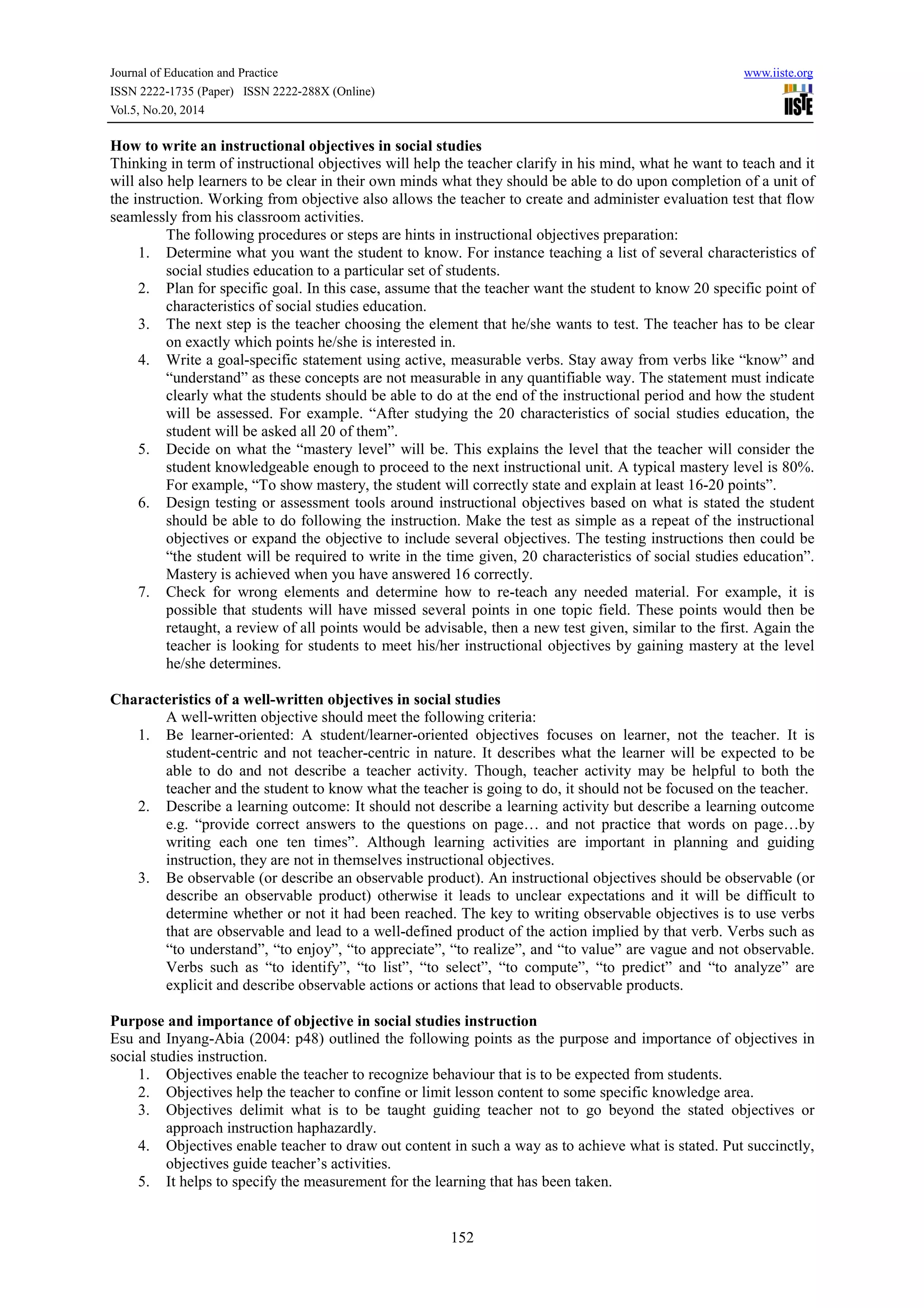 The power and purpose of instructional objectives in social studies ...