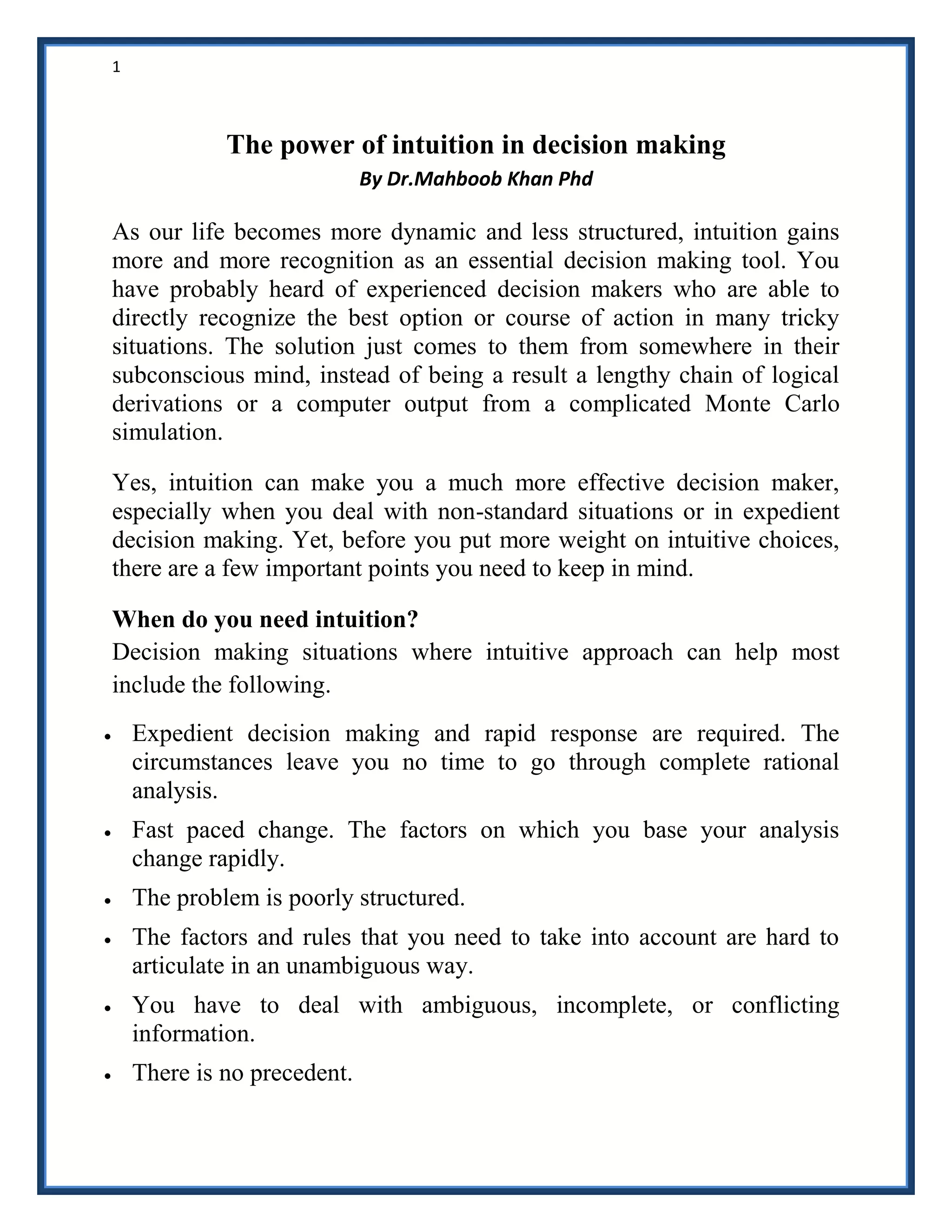 The Power of Intuition in Decision Making By Dr.Mahboob Khan Phd | PDF