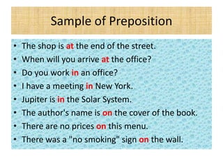 The prepositions of place a | PPT