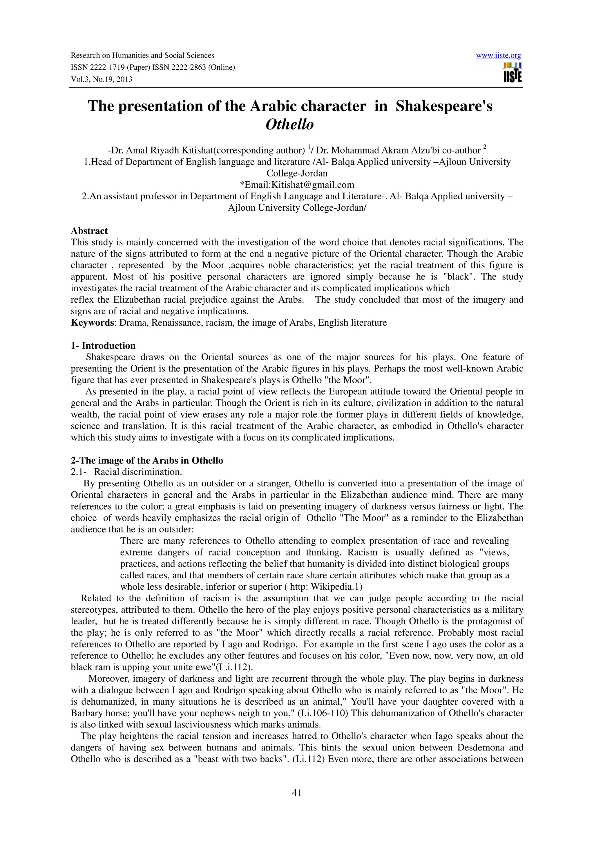 The presentation of the arabic character in shakespeare's othello | PDF