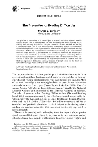 The prevention of reading difficulties | PDF