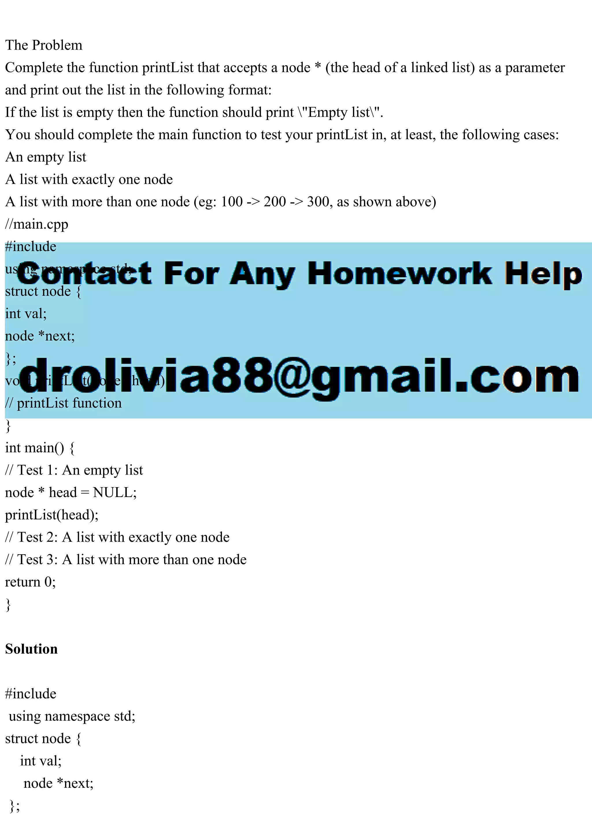 The Problemcomplete The Function Printlist That Accepts A Node Pdf