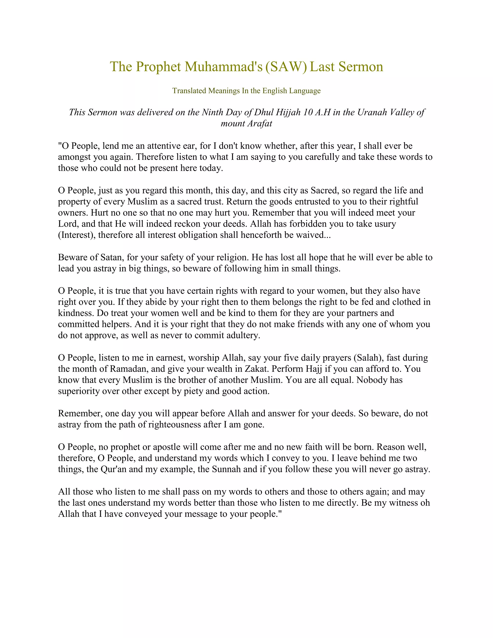 The Prophet Muhammad's (SAW) Last Sermon | PDF