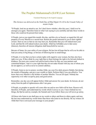 The Prophet Muhammad's (SAW) Last Sermon | PDF