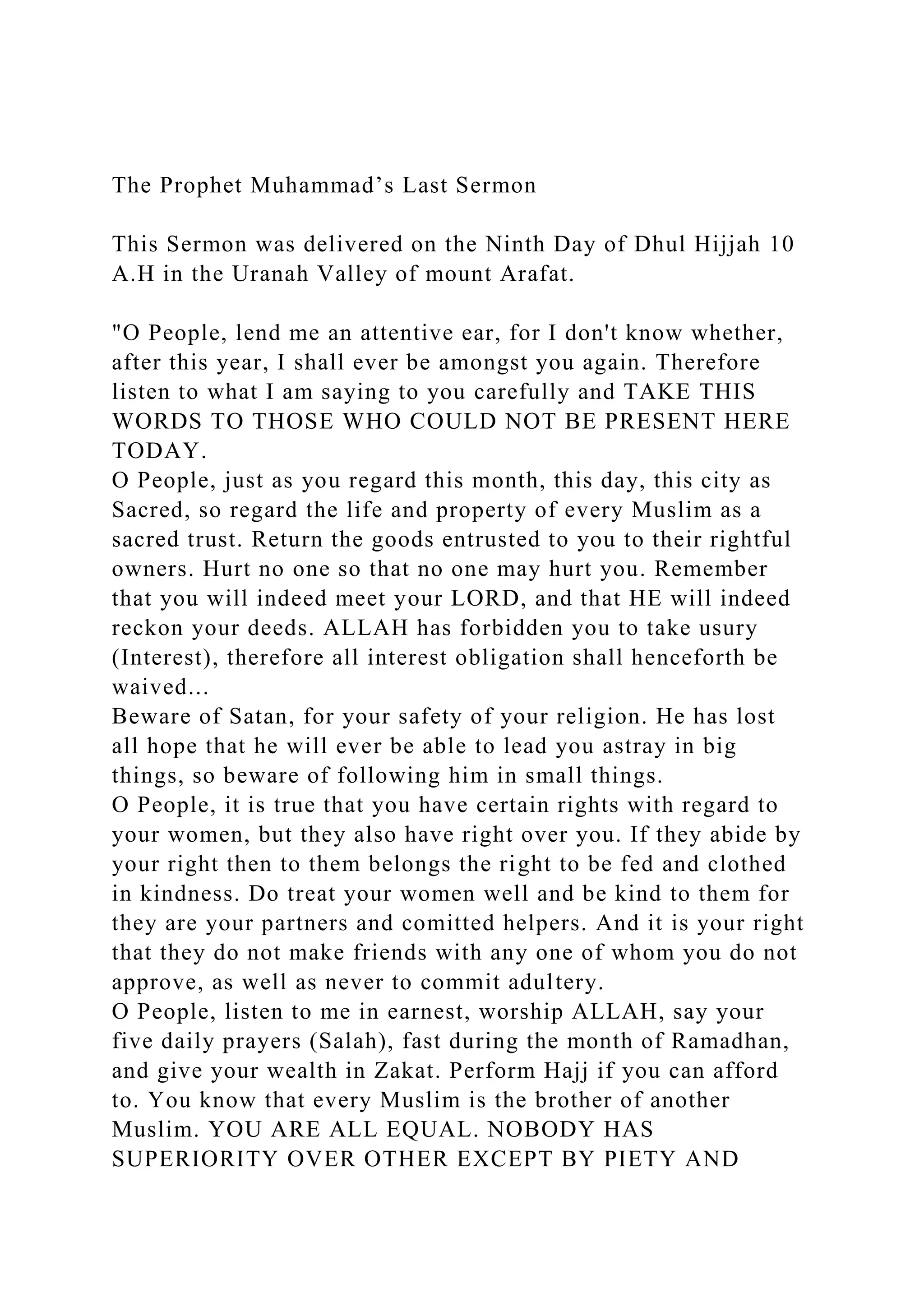 The Prophet Muhammad’s Last SermonThis Sermon was delivered on.docx