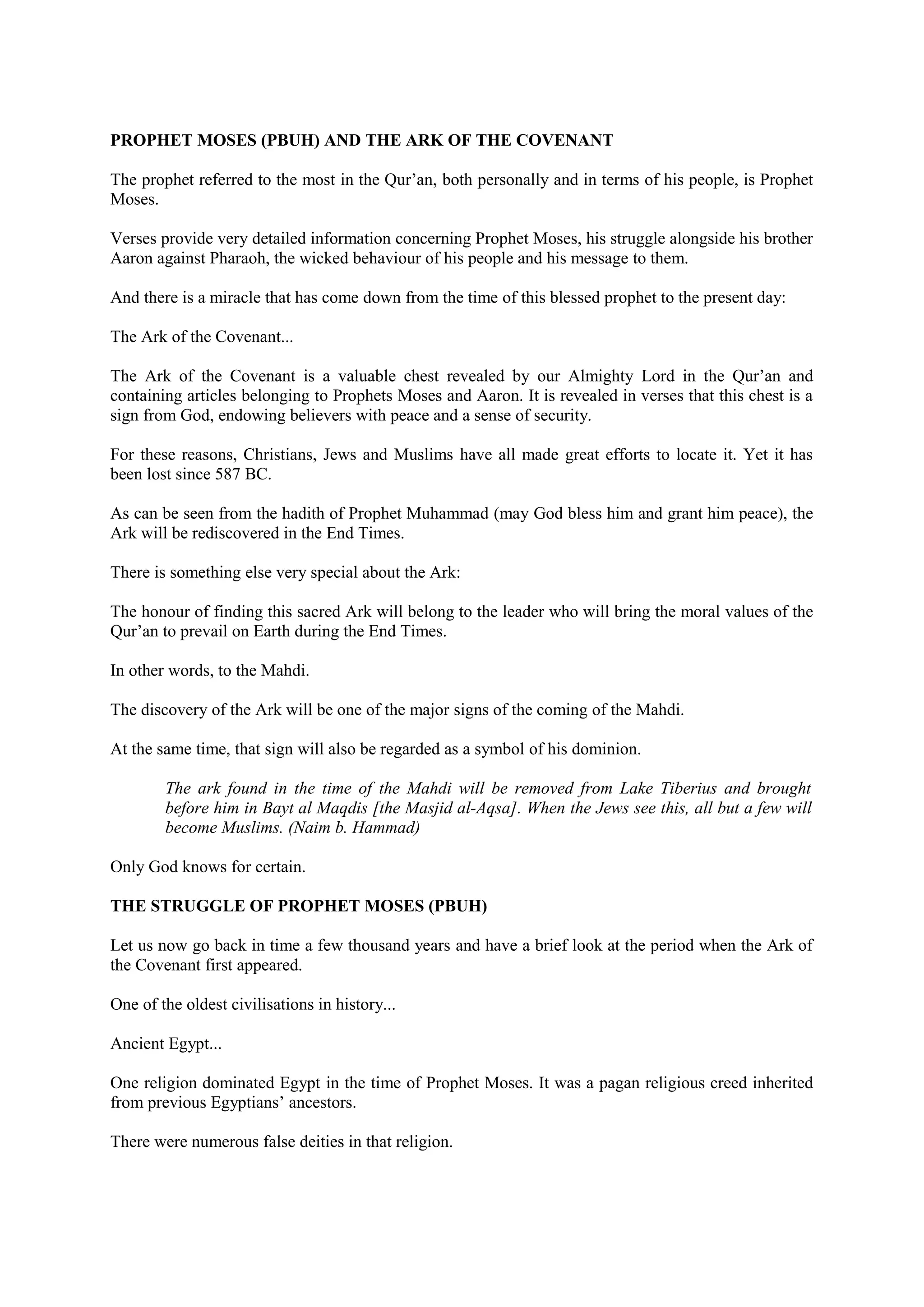 The prophet Musa (Moses) (pbuh) and the ark of the covenant. english | DOC