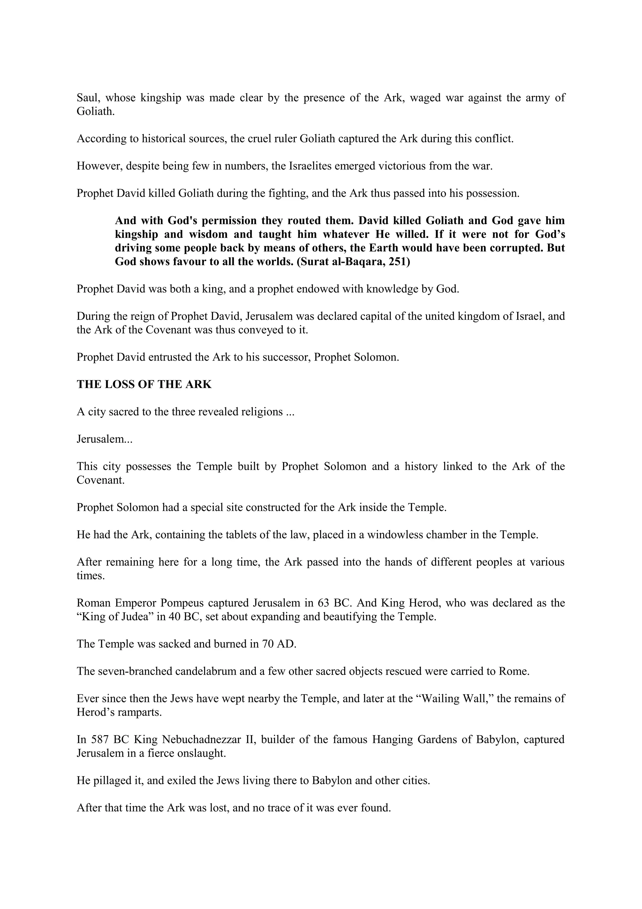 The prophet Musa (Moses) (pbuh) and the ark of the covenant. english | DOC