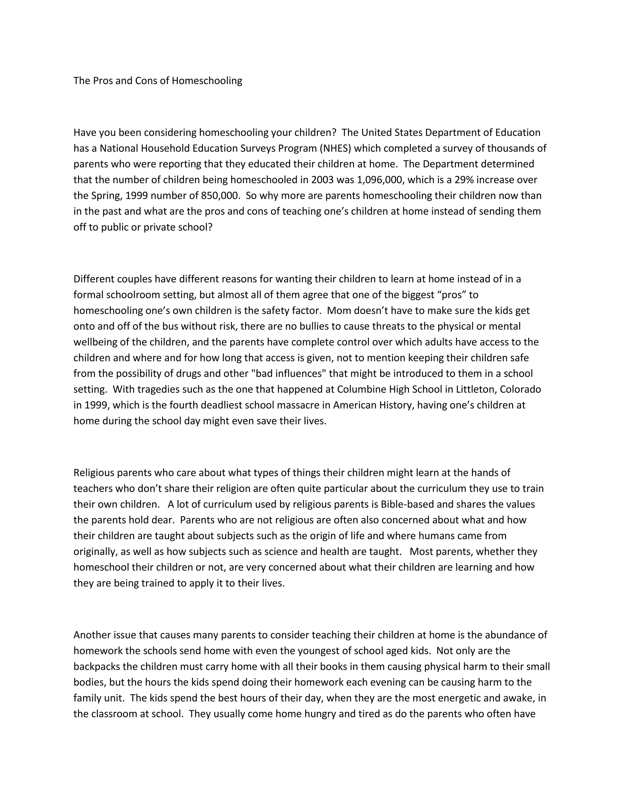 The pros and cons of homeschooling 1 | DOCX