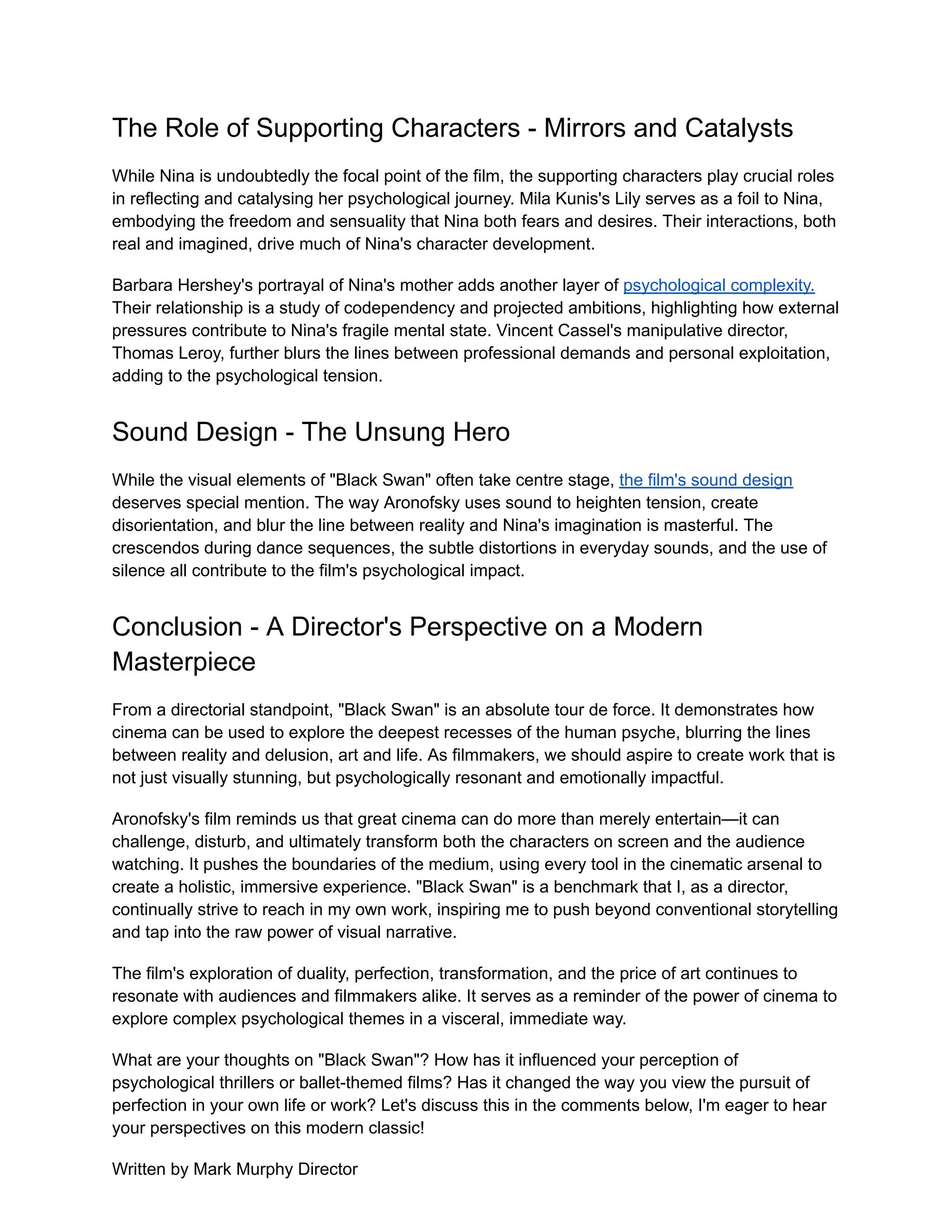 The Psychological Depths of 'Black Swan' - A Director's Comprehensive Study | PDF