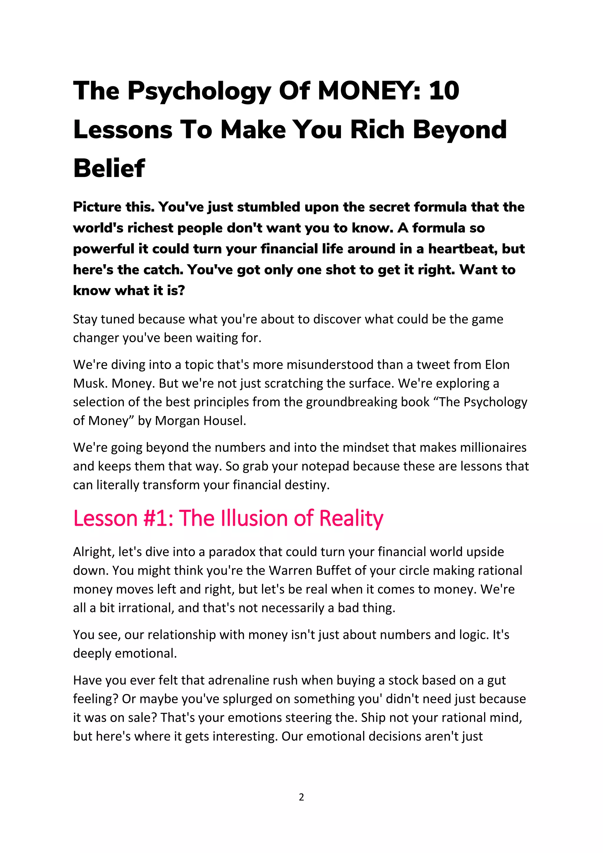 The Psychology Of MONEY: 10 Lessons To Make You Rich | PDF
