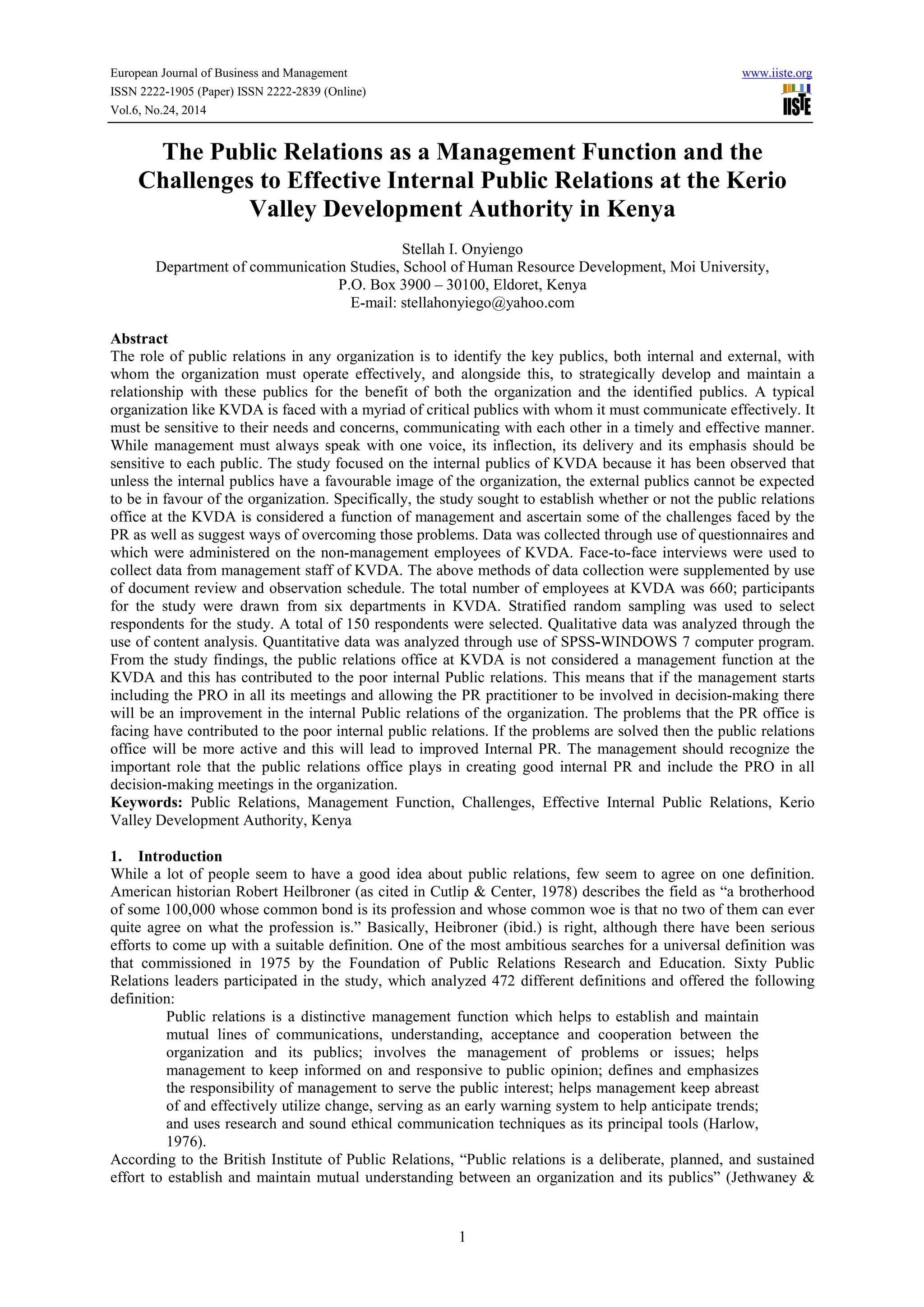 The public relations as a management function and the challenges to ...