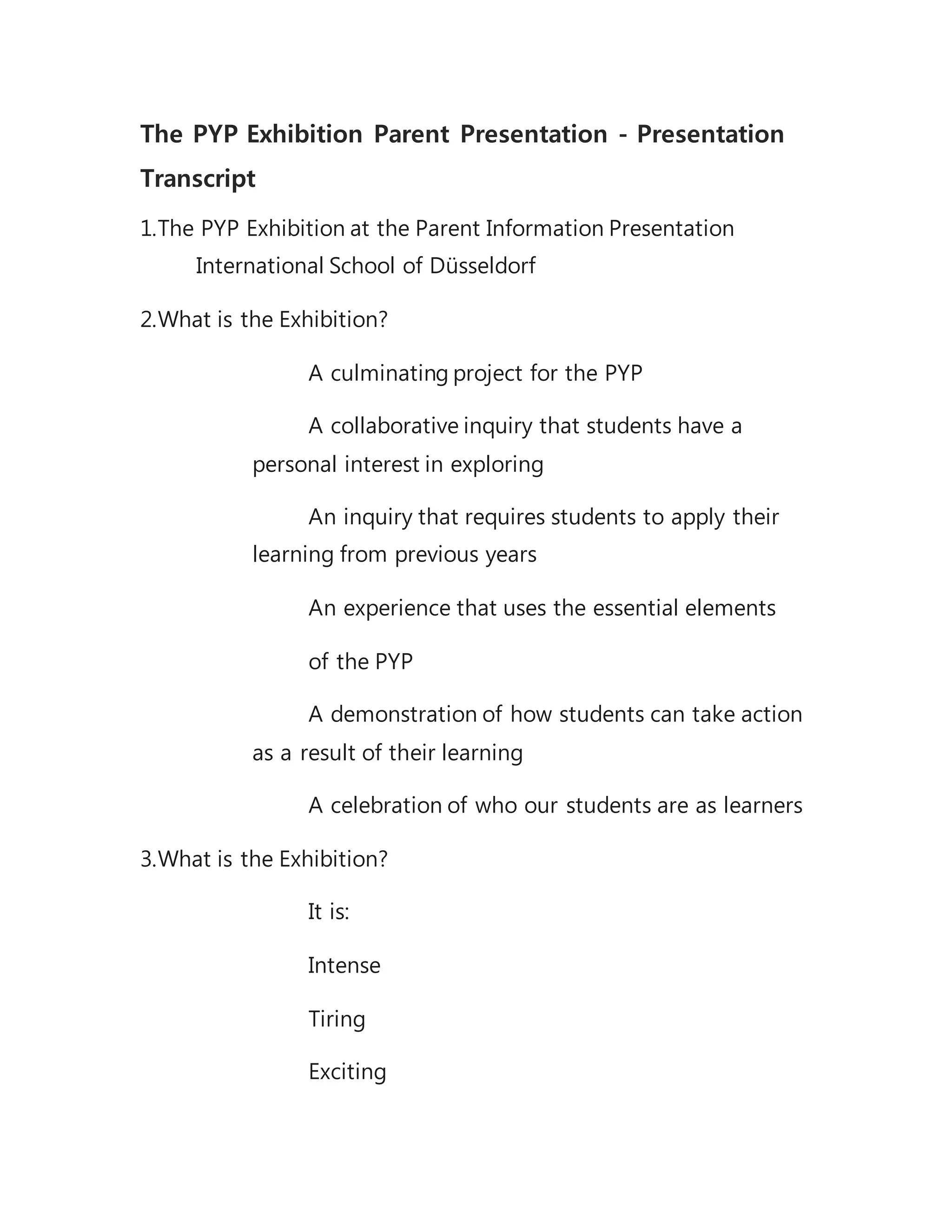 The pyp exhibition parent presentation | DOCX