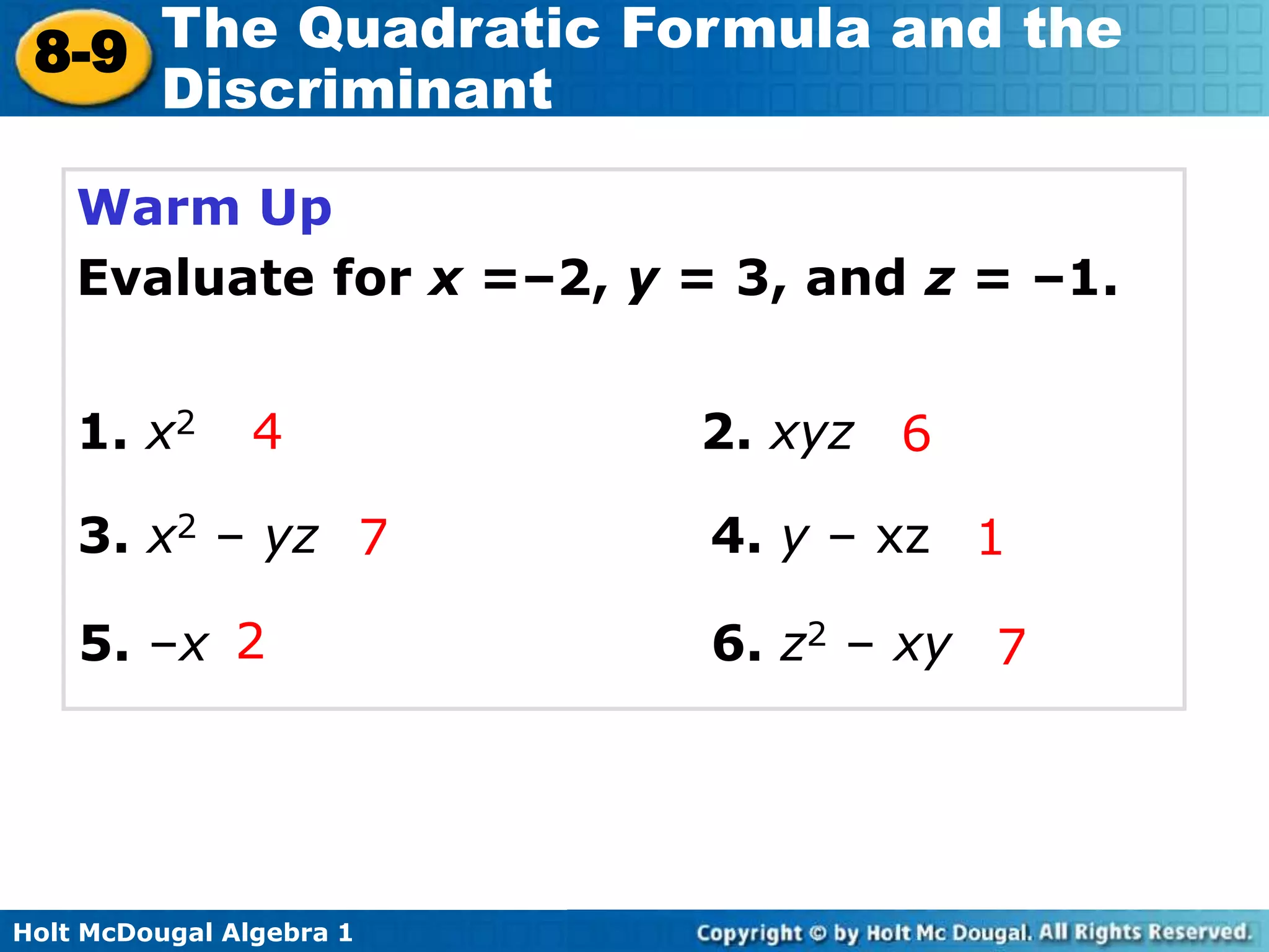 The Quadratic Formula and the Discriminant (1).ppt