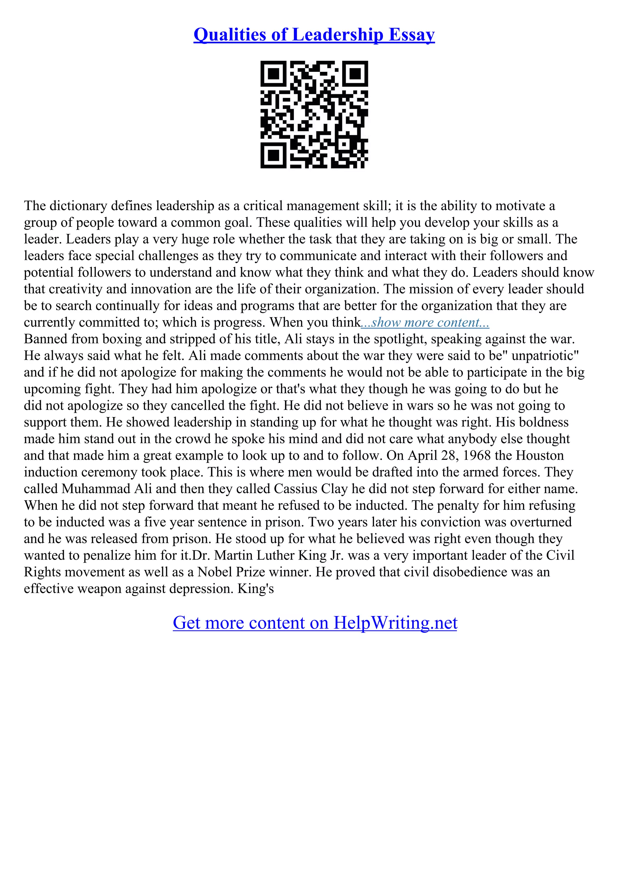 The Qualities Of A Good Leader Essay | PDF | Executive Leadership ...