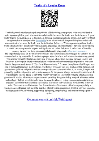 The Qualities Of A Good Leader Essay | PDF | Executive Leadership & Management | Business