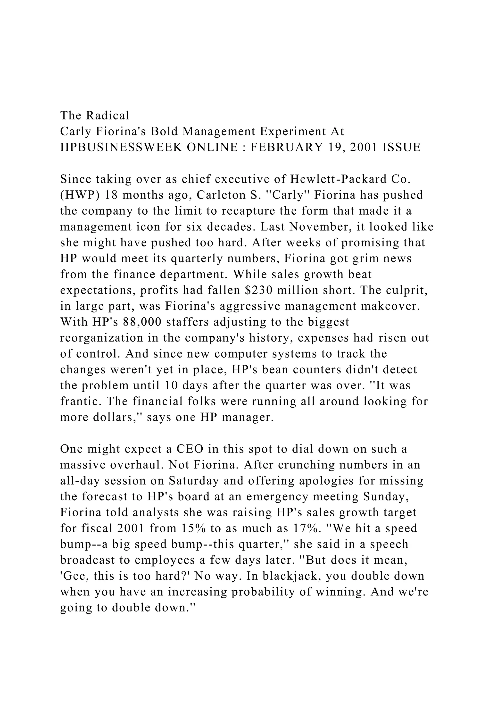 The RadicalCarly Fiorinas Bold Management Experiment At HPBUS.docx