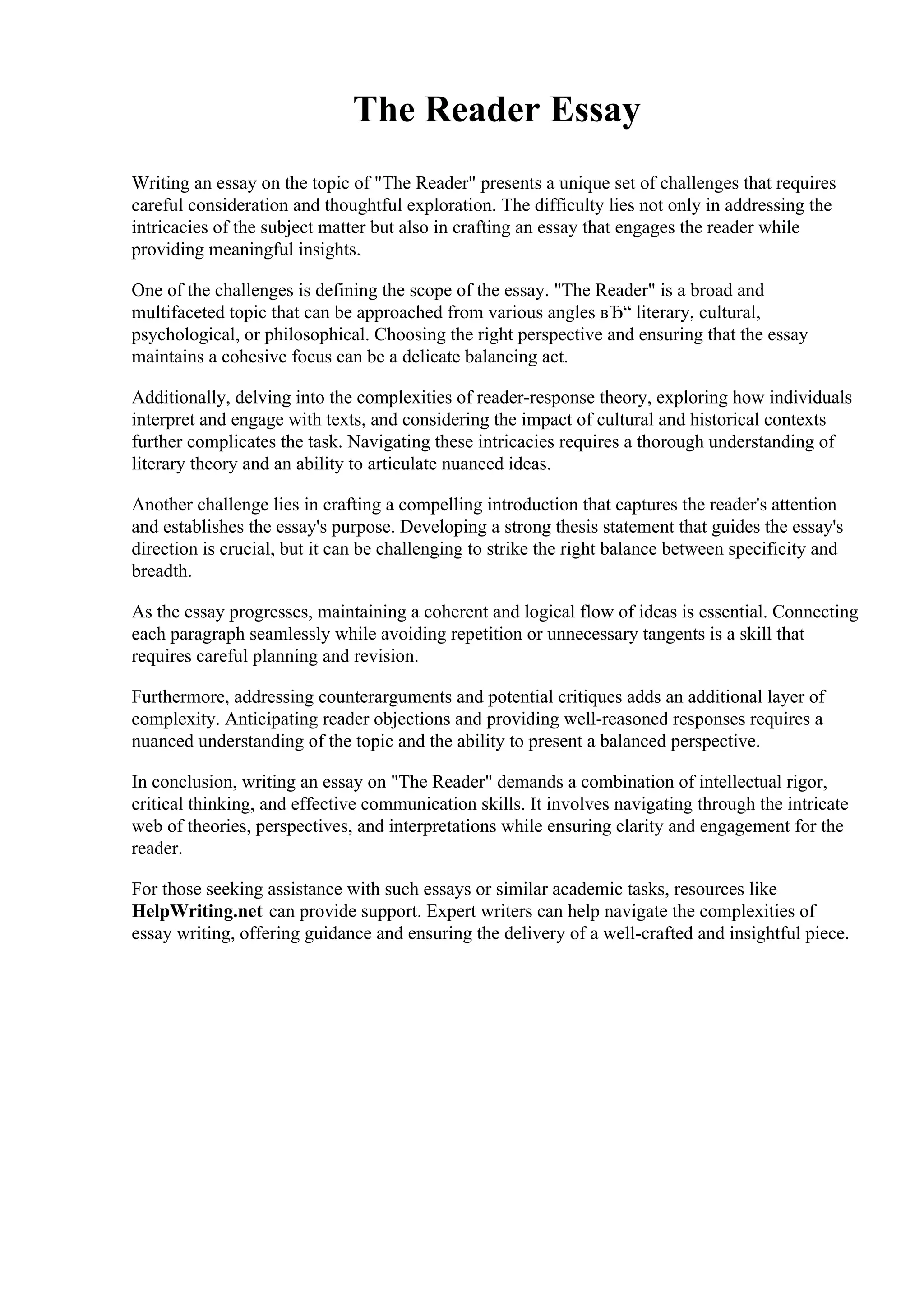 The Reader Essay. United States Merchant Marine Academy | PDF