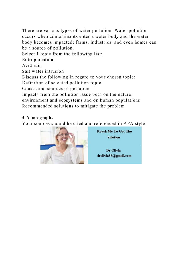 There are various types of water pollution. Water pollution occurs w.docx