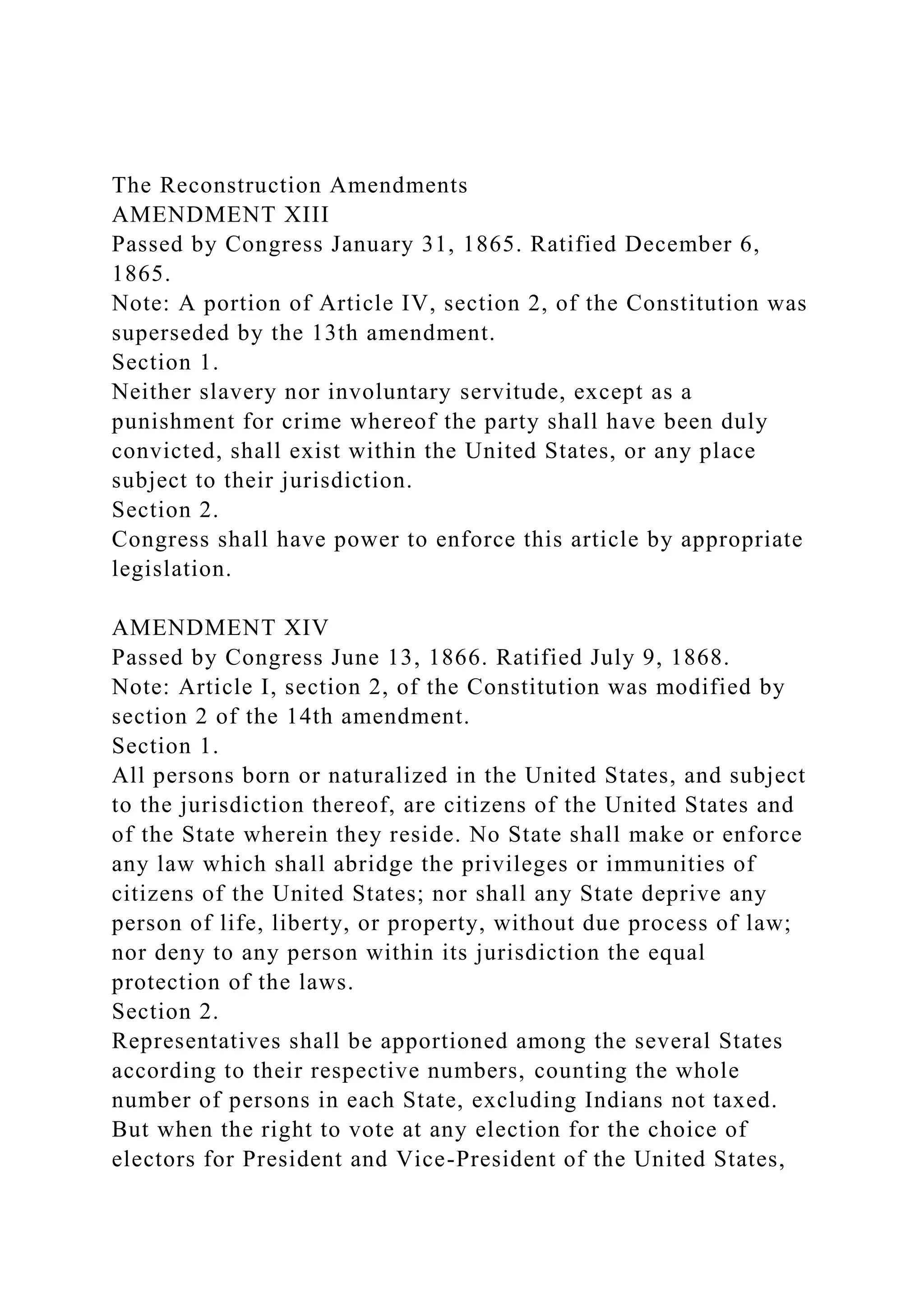 The Reconstruction AmendmentsAMENDMENT XIIIPassed by Congress .docx