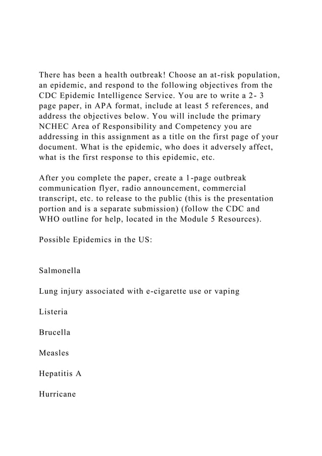 There has been a health outbreak! Choose an at-risk population, .docx