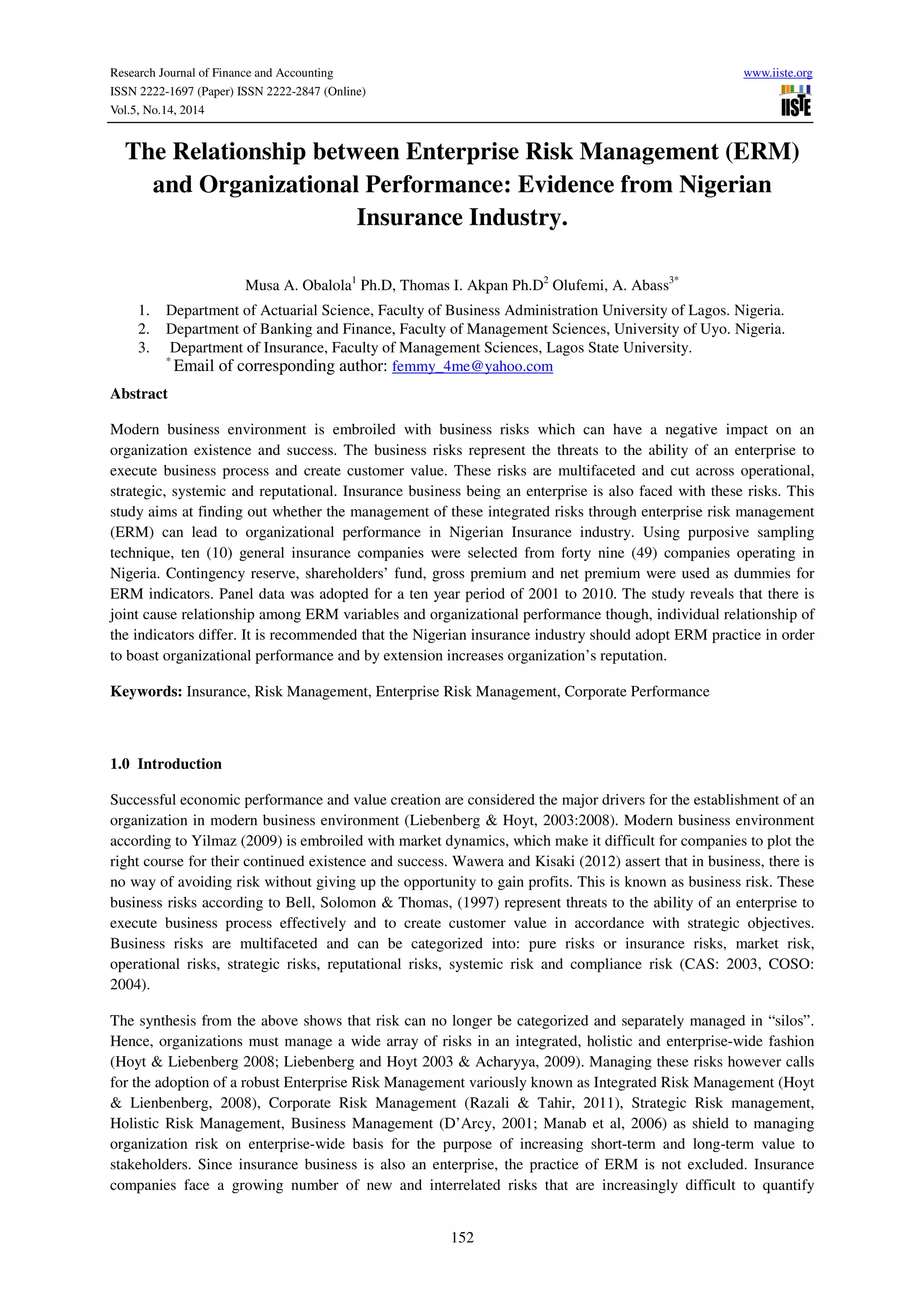 The relationship between enterprise risk management (erm) | PDF