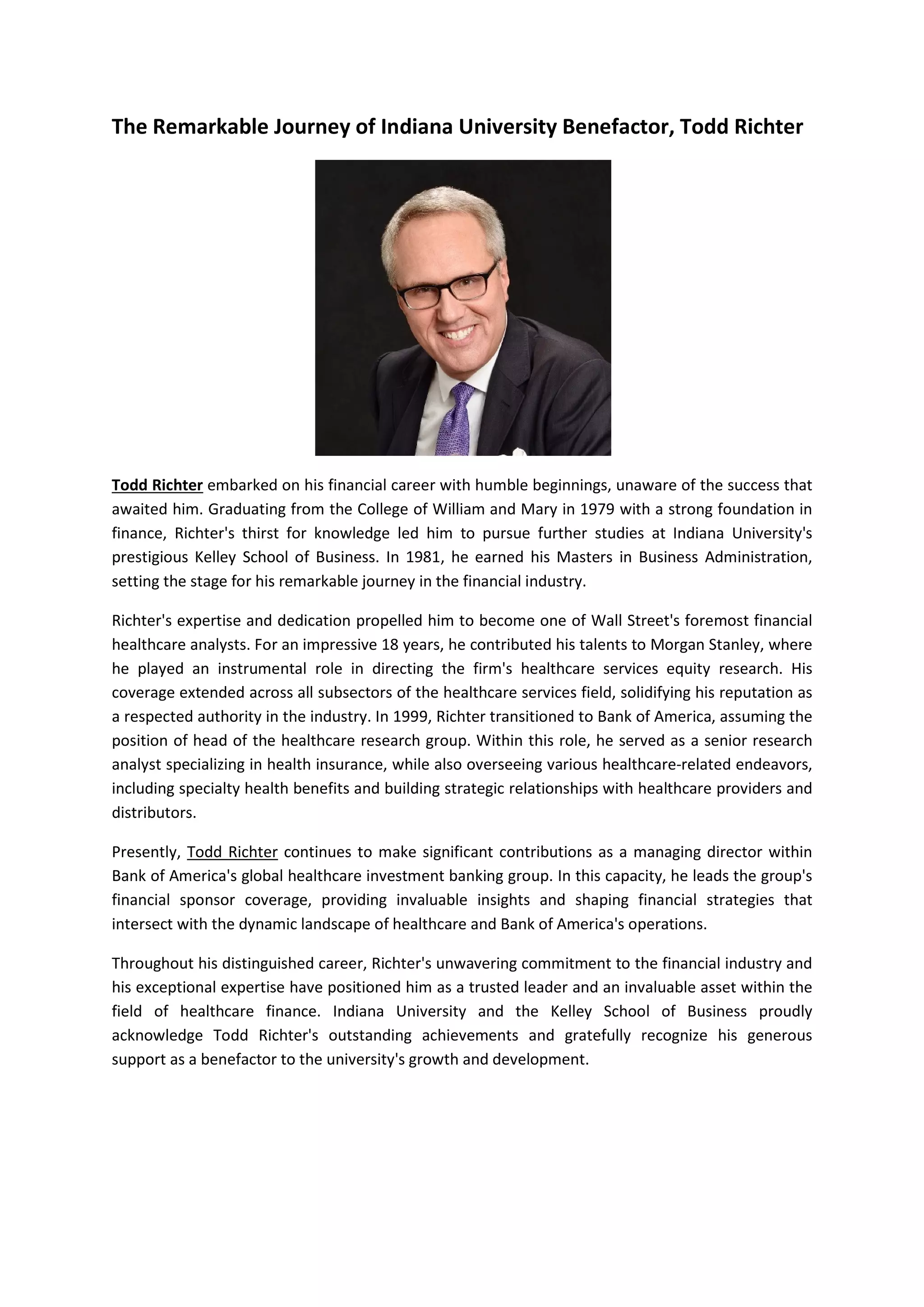 The Remarkable Journey of Indiana University Benefactor, Todd Richter | PDF