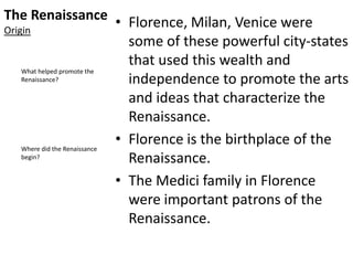 The Renaissance, Reformation and Exploration Lesson 1 - Renaissance ...