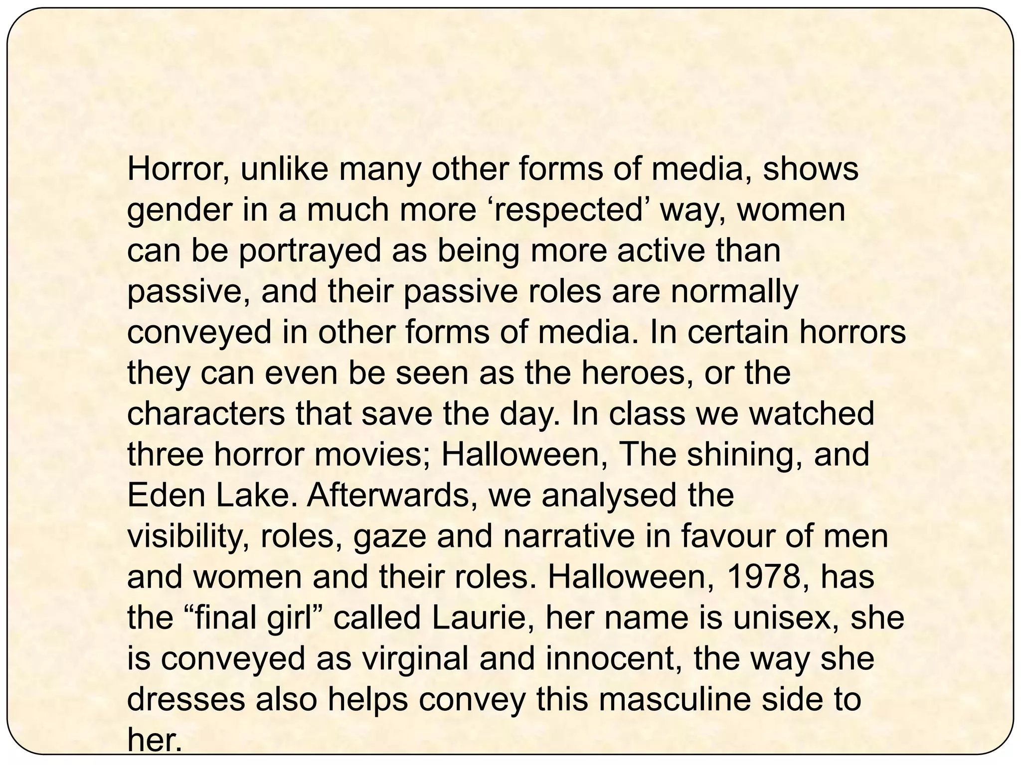 The representations of gender in horror films essay | PPTX