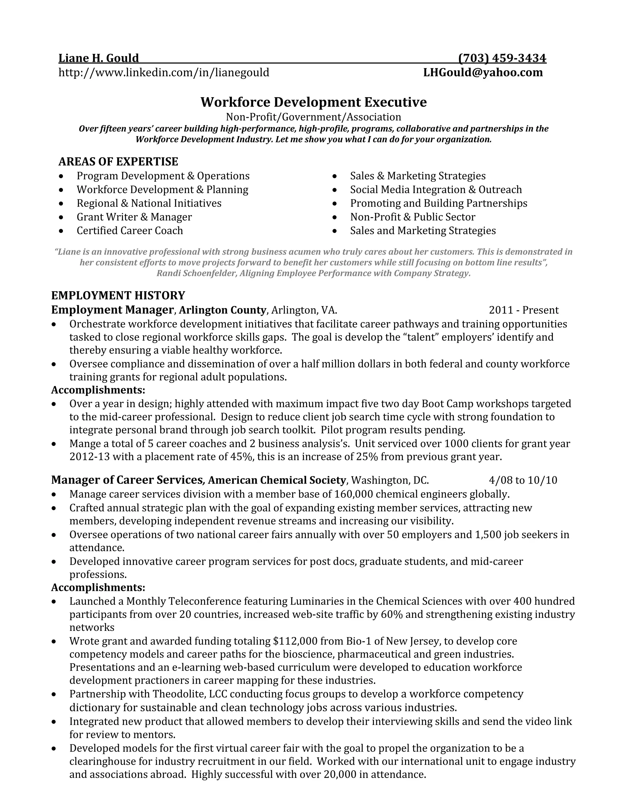The Resume of Liane H. Gould - Workforce Development Executive | PDF