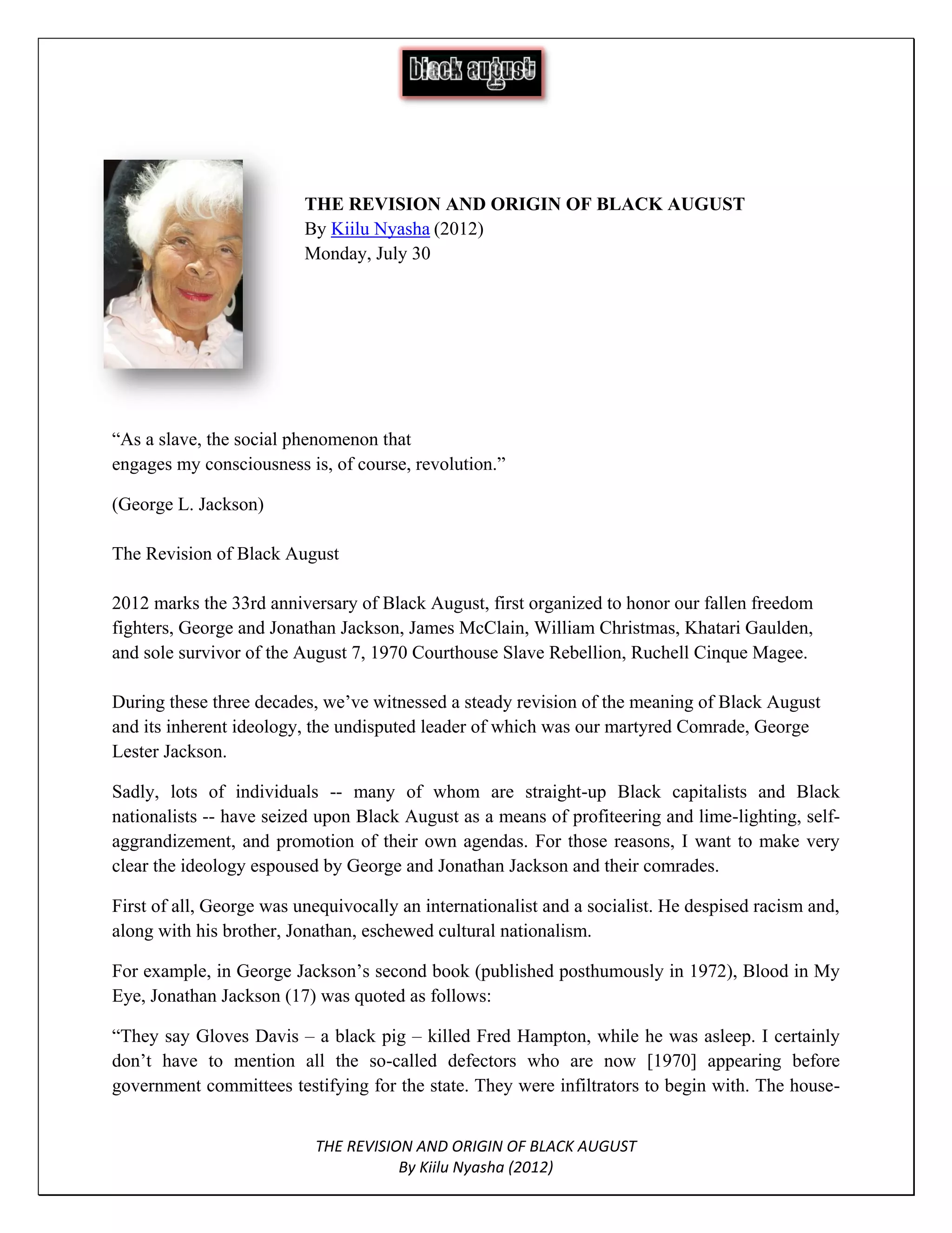 The Revision and Origin of Black August, by Kiilu Nyasha (2012) | PDF