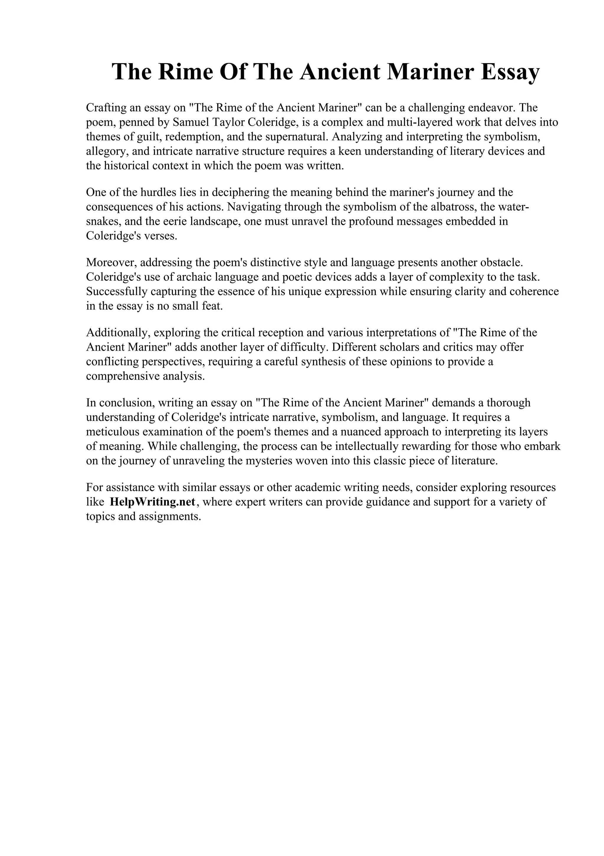 The Rime Of The Ancient Mariner Essay | PDF | Poetry | Books and Literature