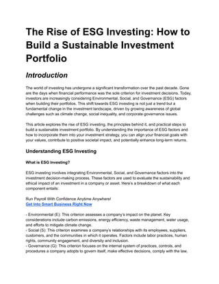 The Rise of ESG Investing: A Step Ahead To Smart Investing | PDF