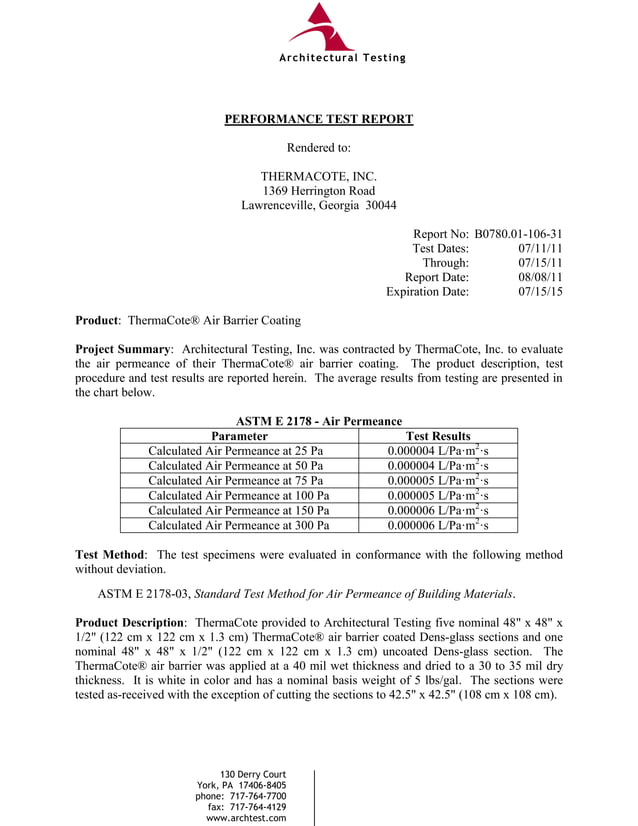 Therma cote air barrier test final report astm e 2178 | PDF | Physics ...