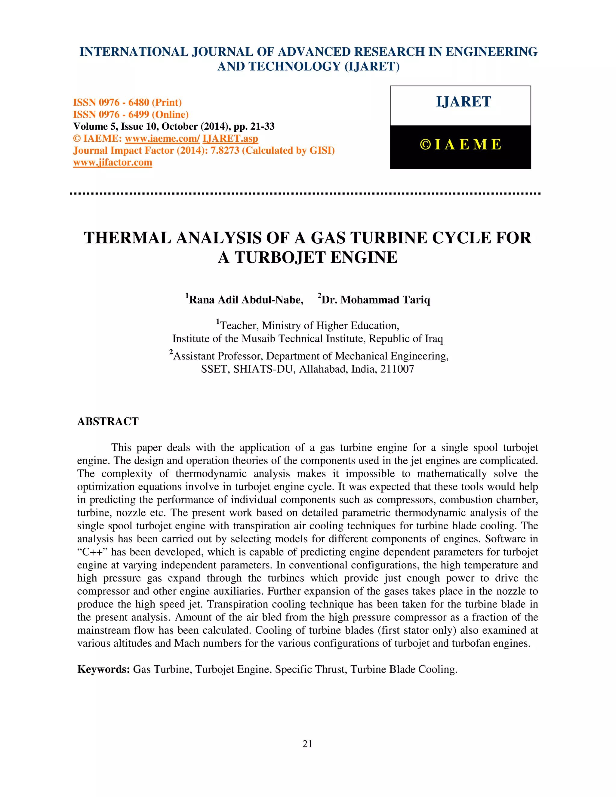 Thermal analysis of a gas turbine cycle for a turbojet engine | PDF