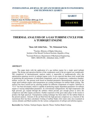 Thermal analysis of a gas turbine cycle for a turbojet engine | PDF