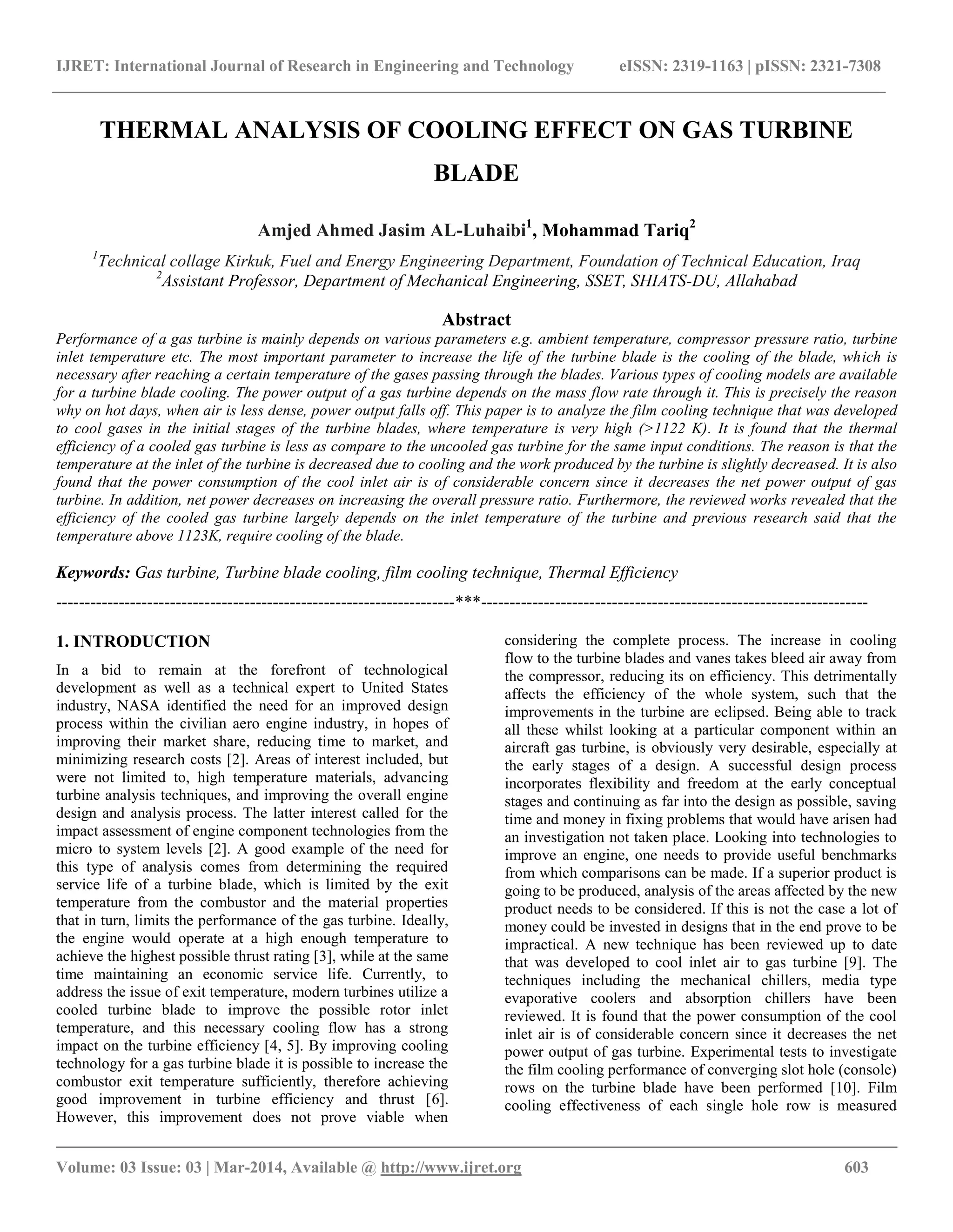 Thermal analysis of cooling effect on gas turbine blade | PDF
