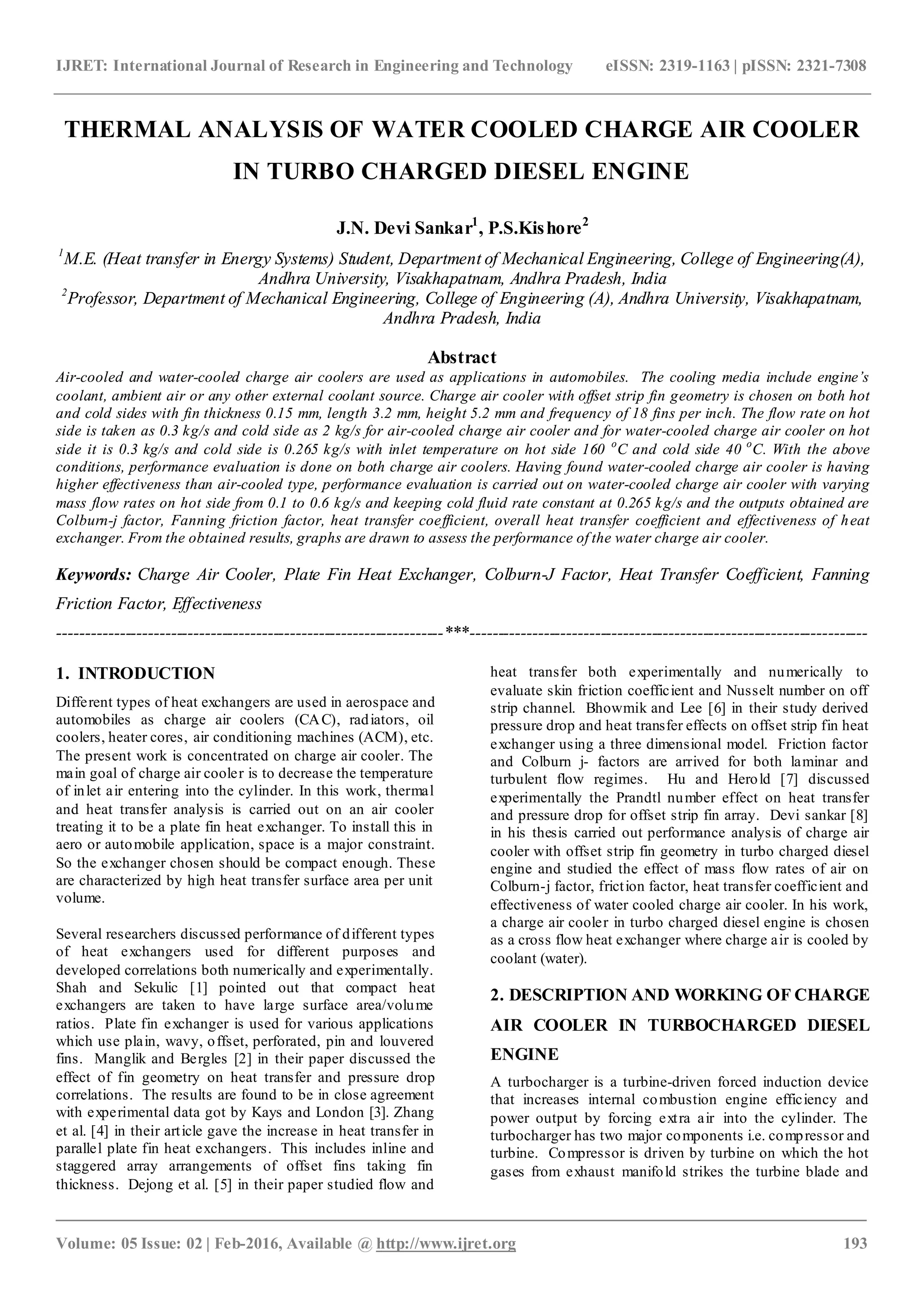 Thermal analysis of water cooled charge air cooler in turbo charged ...