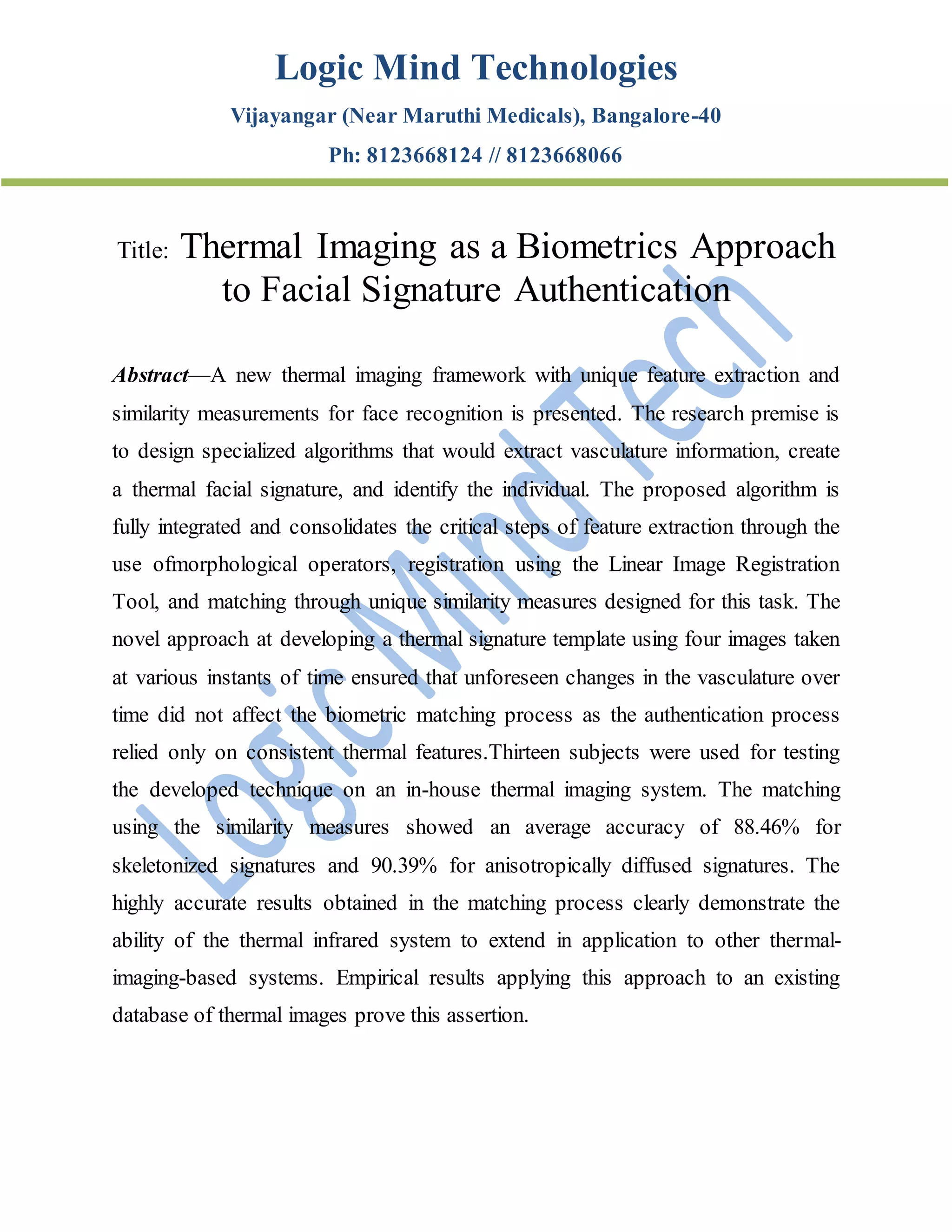 Thermal Imaging As A Biometrics Approach To Facial Signature Authentication Docx