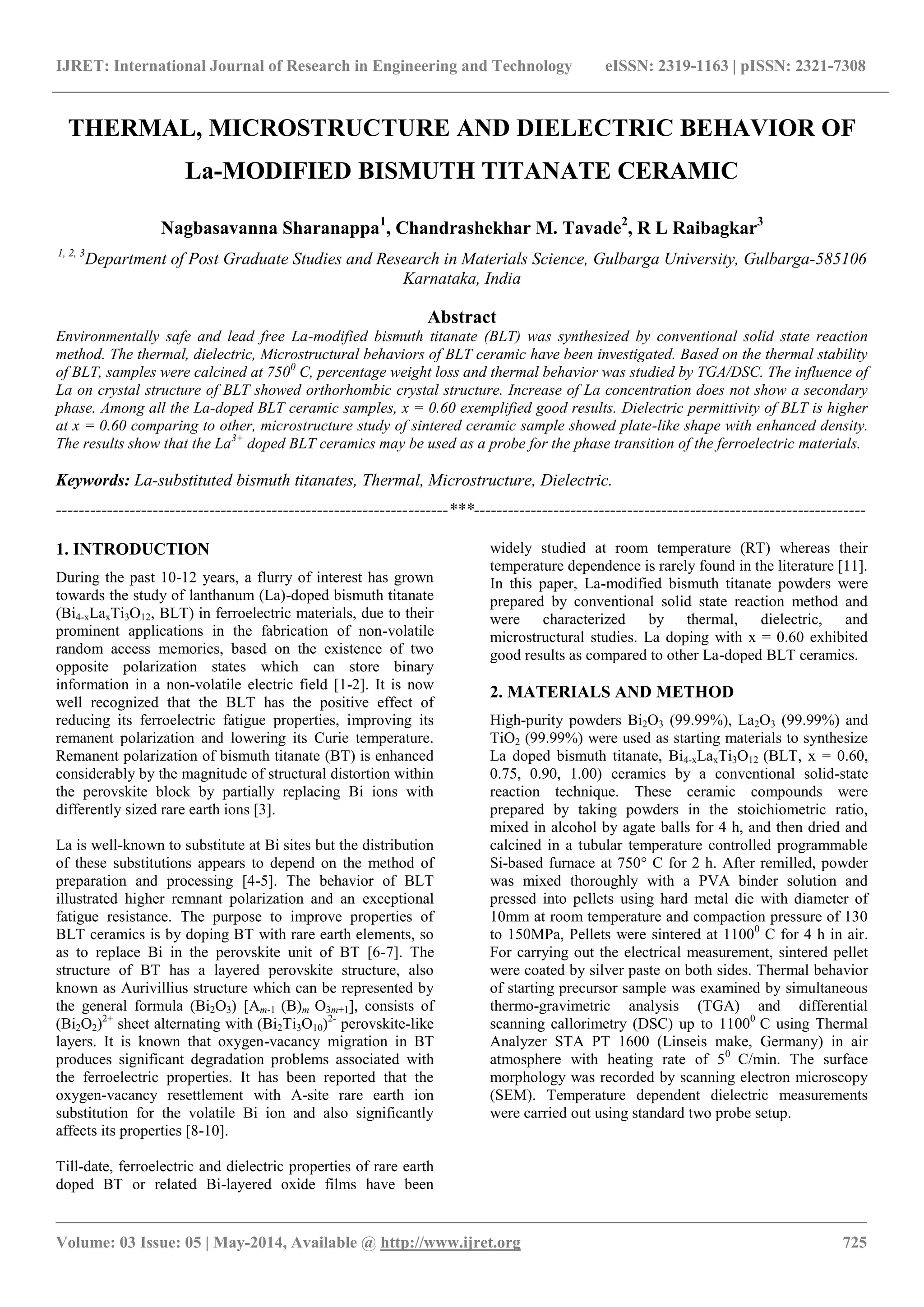 Thermal Microstructure And Dielectric Behavior Of La Modified Bismuth