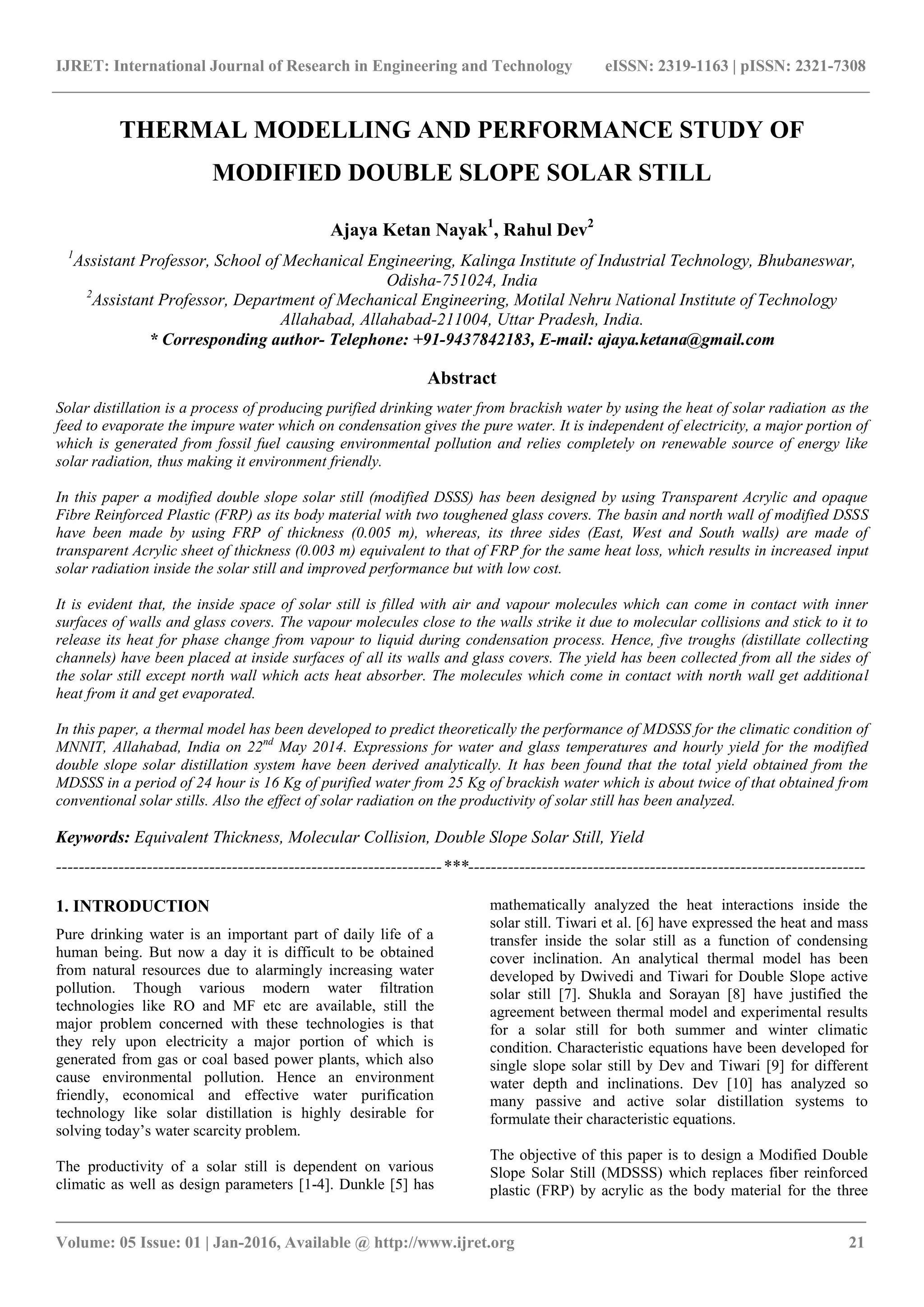 Thermal modelling and performance study of modified double slope solar ...