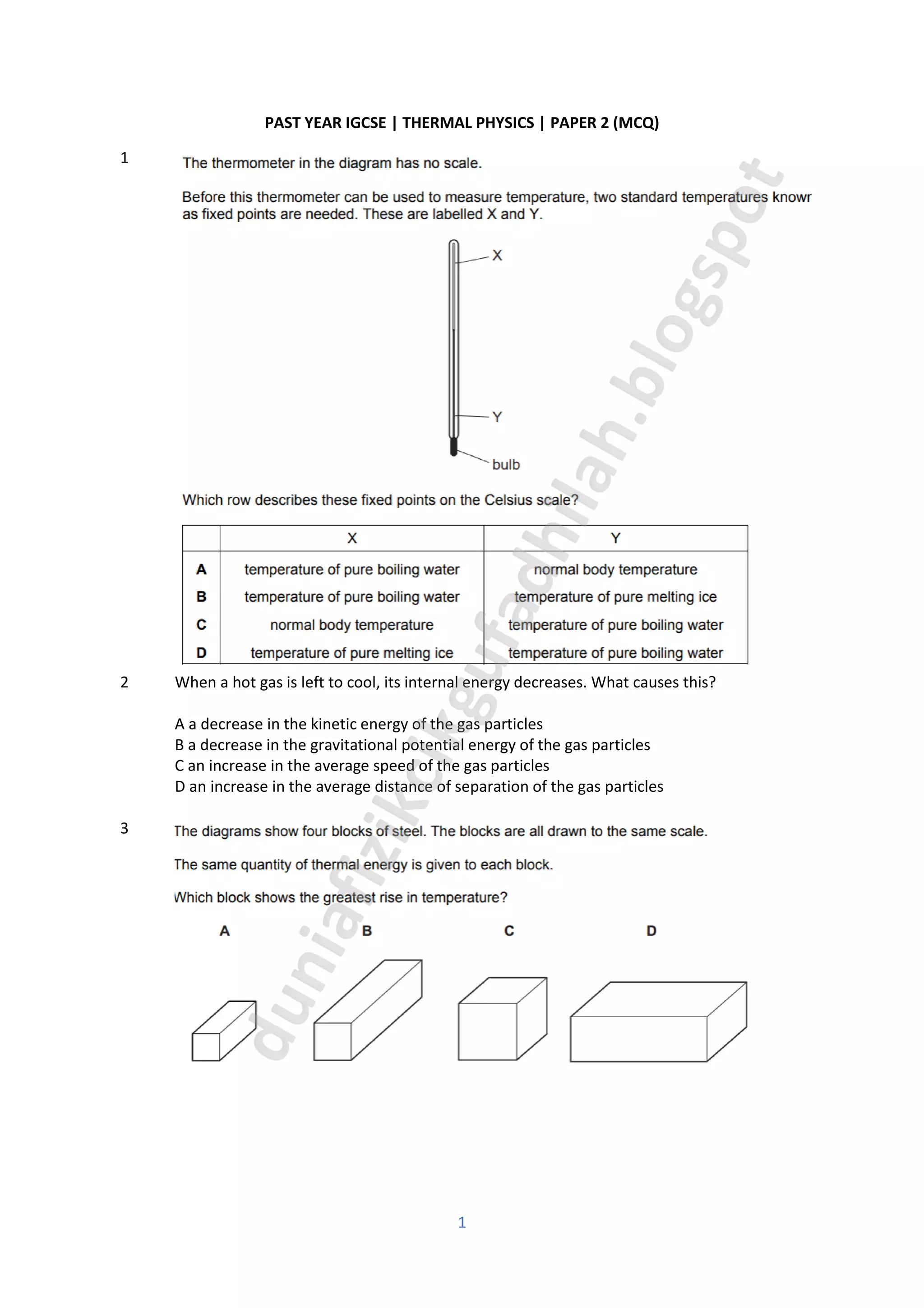 PAST YEAR IGCSE (P2-MCQ) | THERMAL PHYSICS | PDF