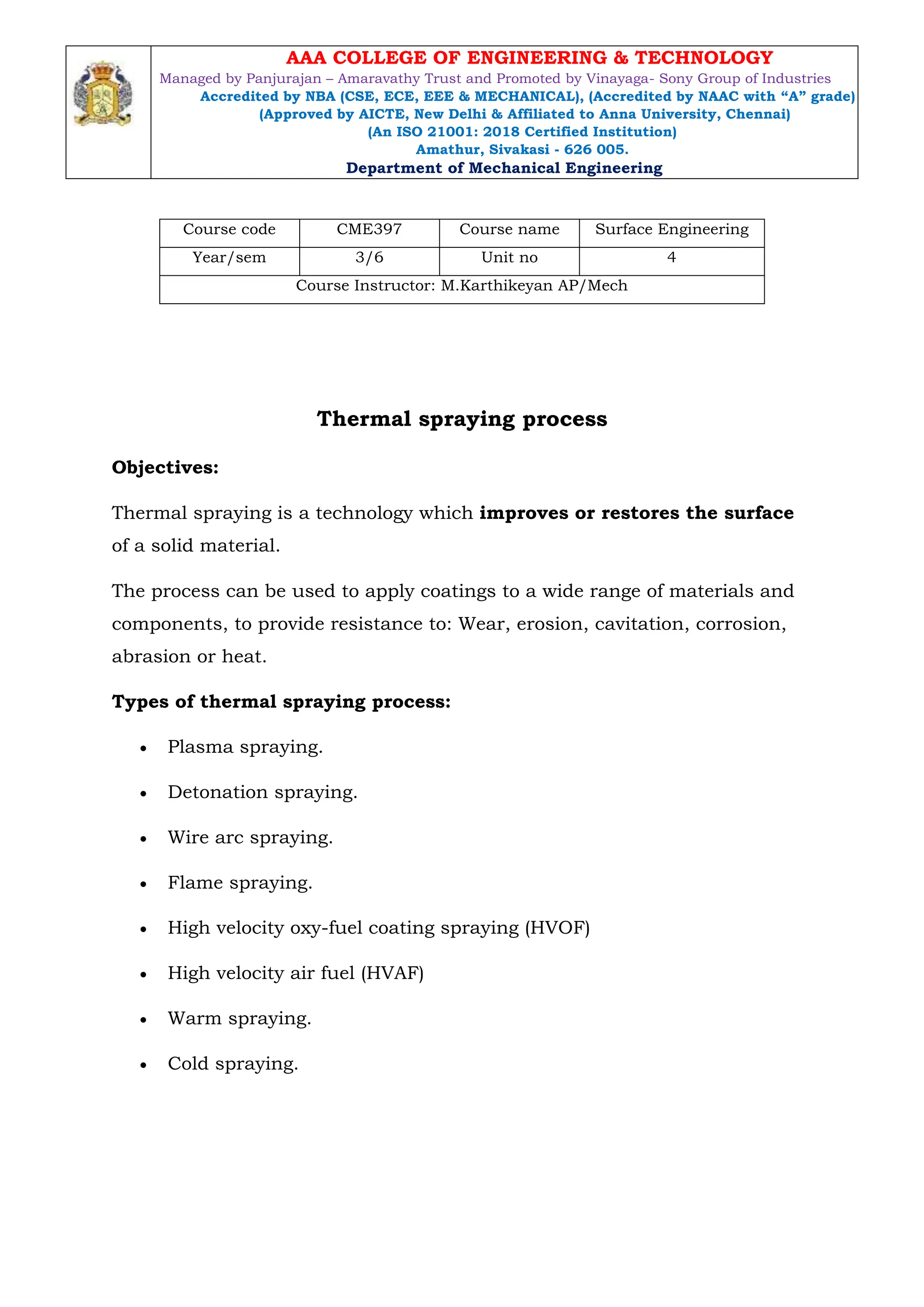 CME397 THERMAL SPRAYING process (CME397) | DOCX
