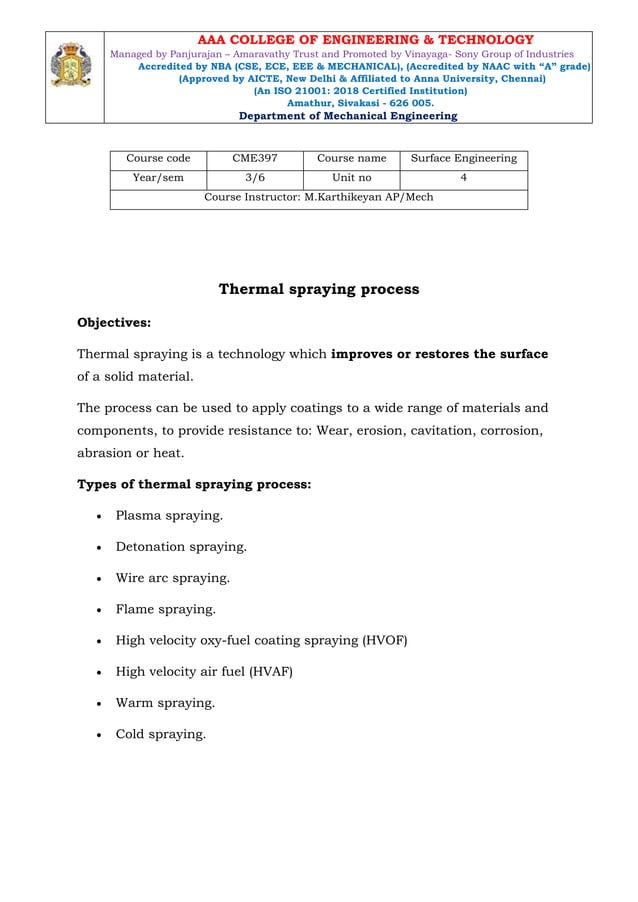CME397 THERMAL SPRAYING process (CME397) | DOCX | Chemistry | Science