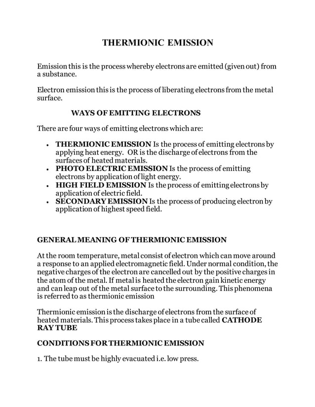 Thermionic emission | DOCX | Chemistry | Science