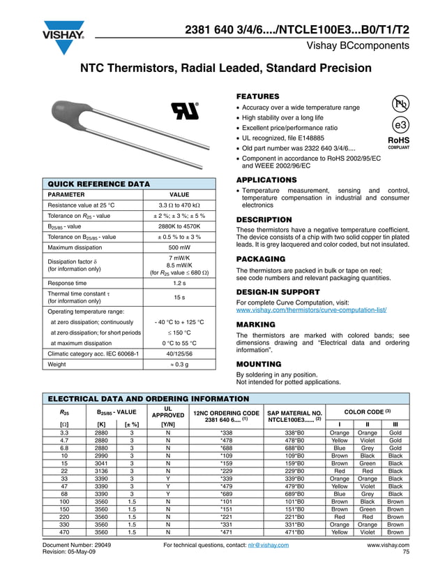 Vishay NTC Thermistor Radial Leaded Datasheet | PDF | Physics | Science