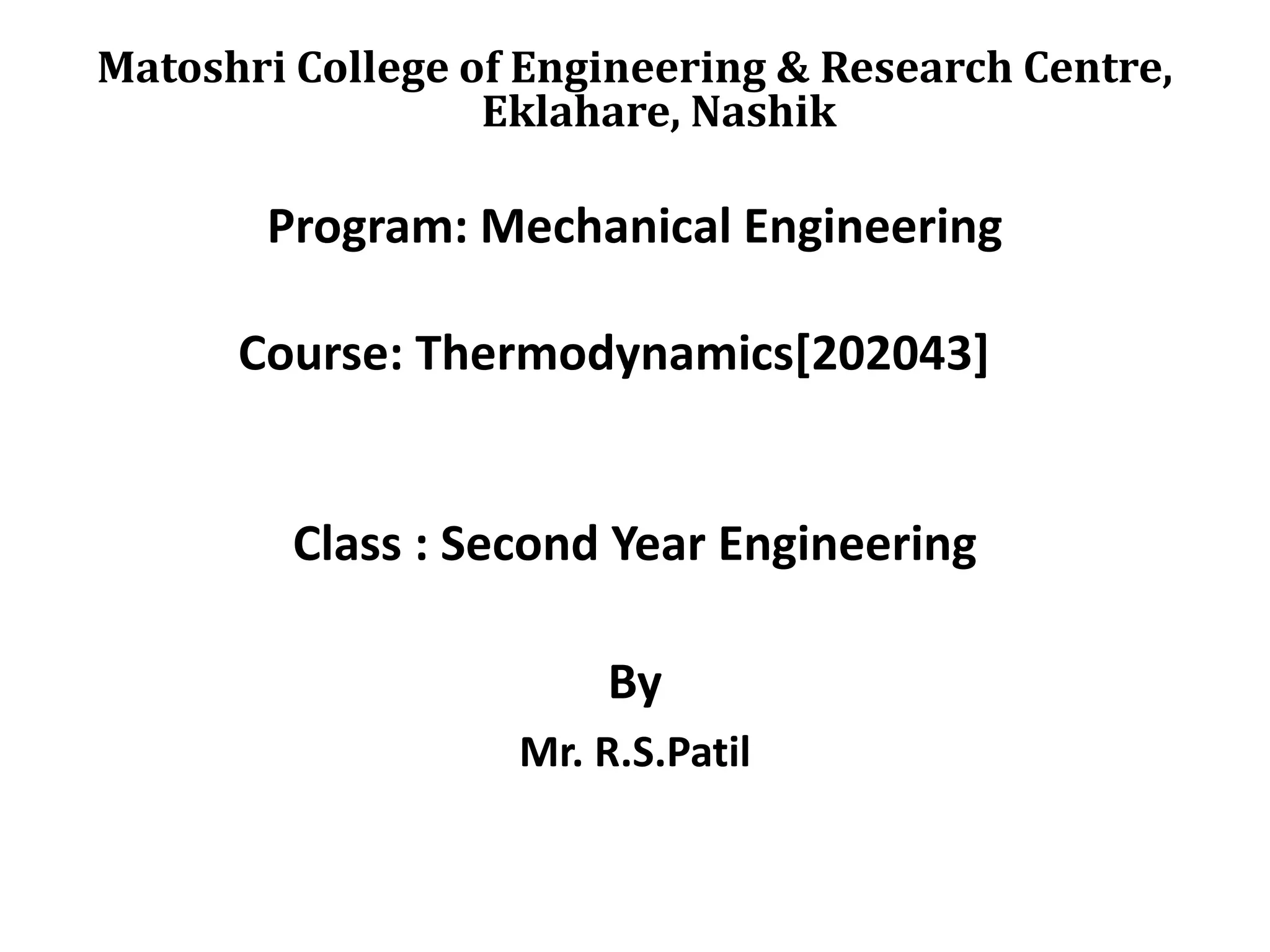 Thermodynamics Course Objective and Course Outcomes | PPTX