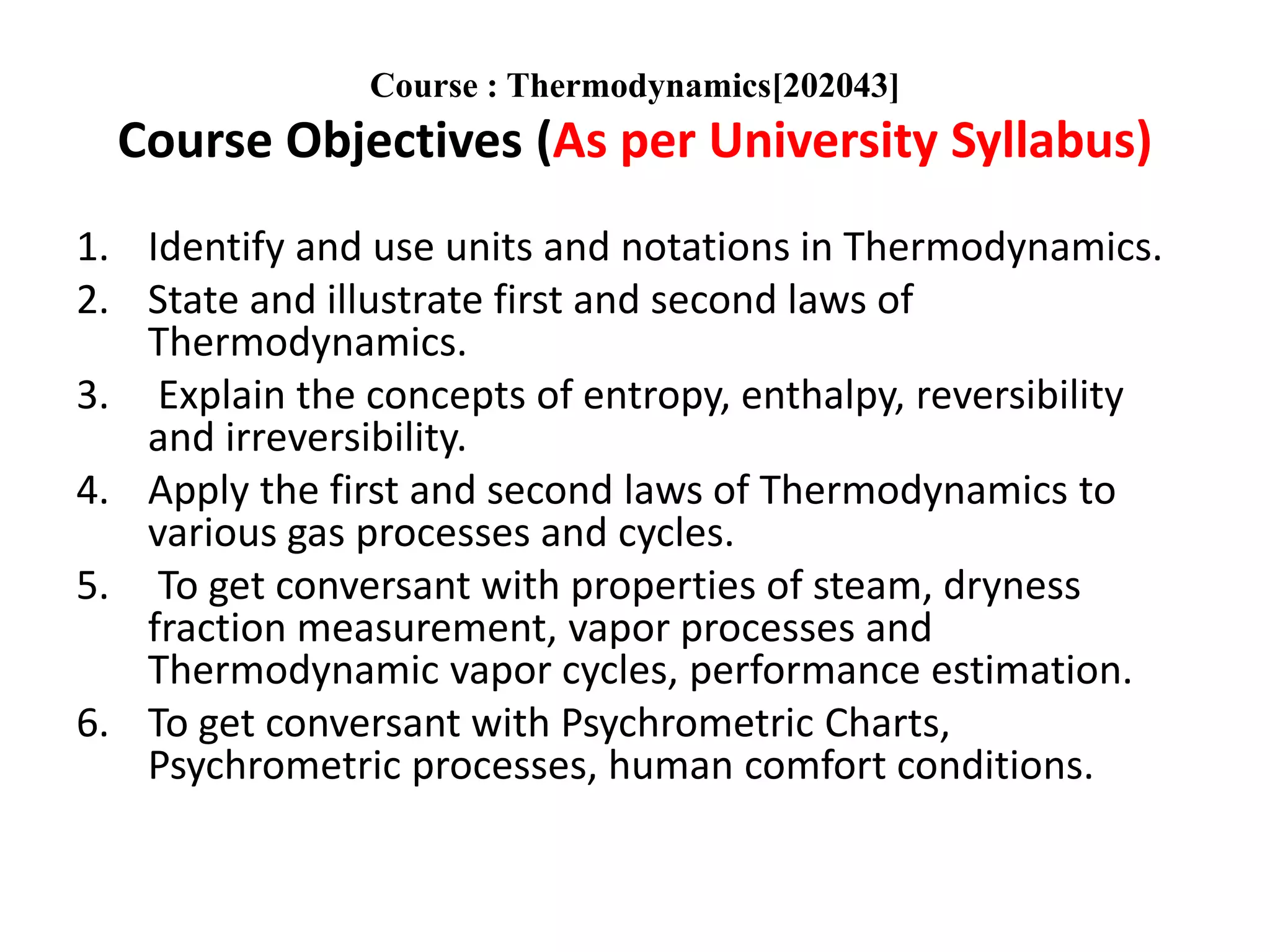 Thermodynamics Course Objective and Course Outcomes | PPTX