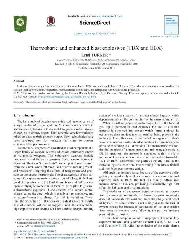 Thermobaric and enhanced blast explosives (tbx and ebx) | PDF