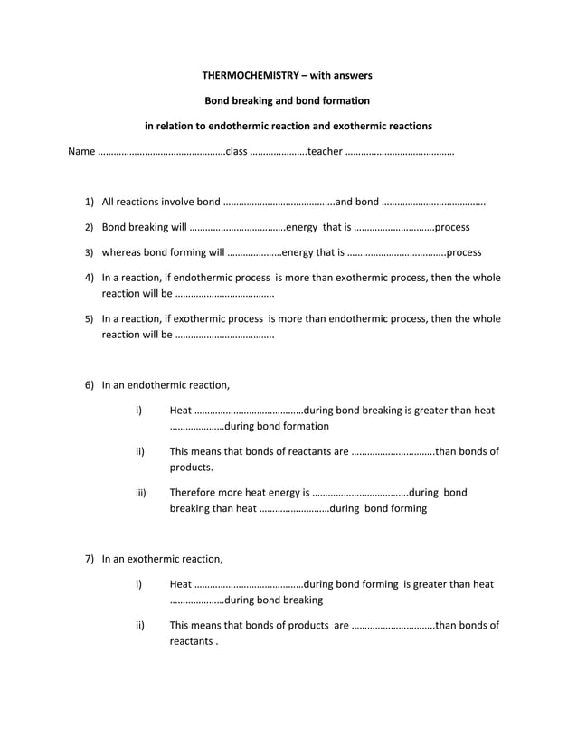 Thermochemistry bond breaking and bond forming with answers | DOC ...