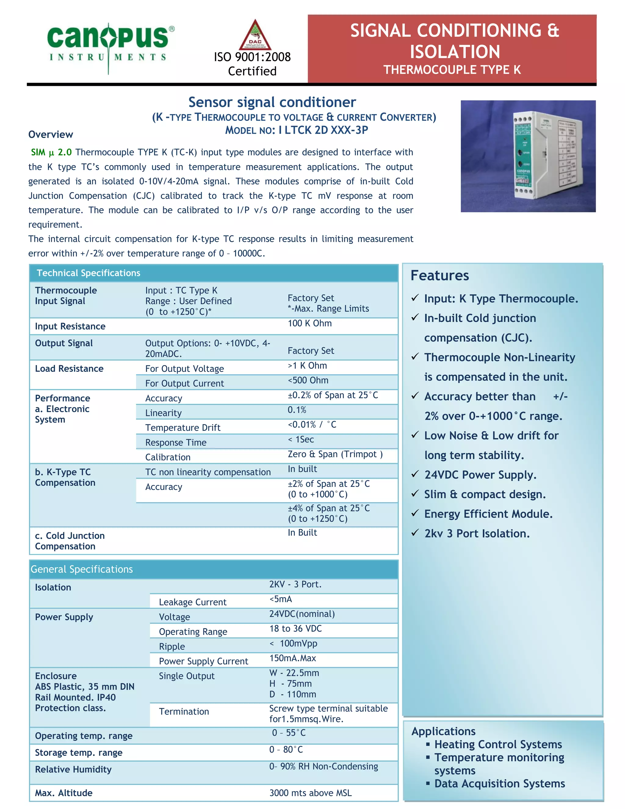 Thermocouple transmitter 4-20ma - Canopus Instruments | PDF